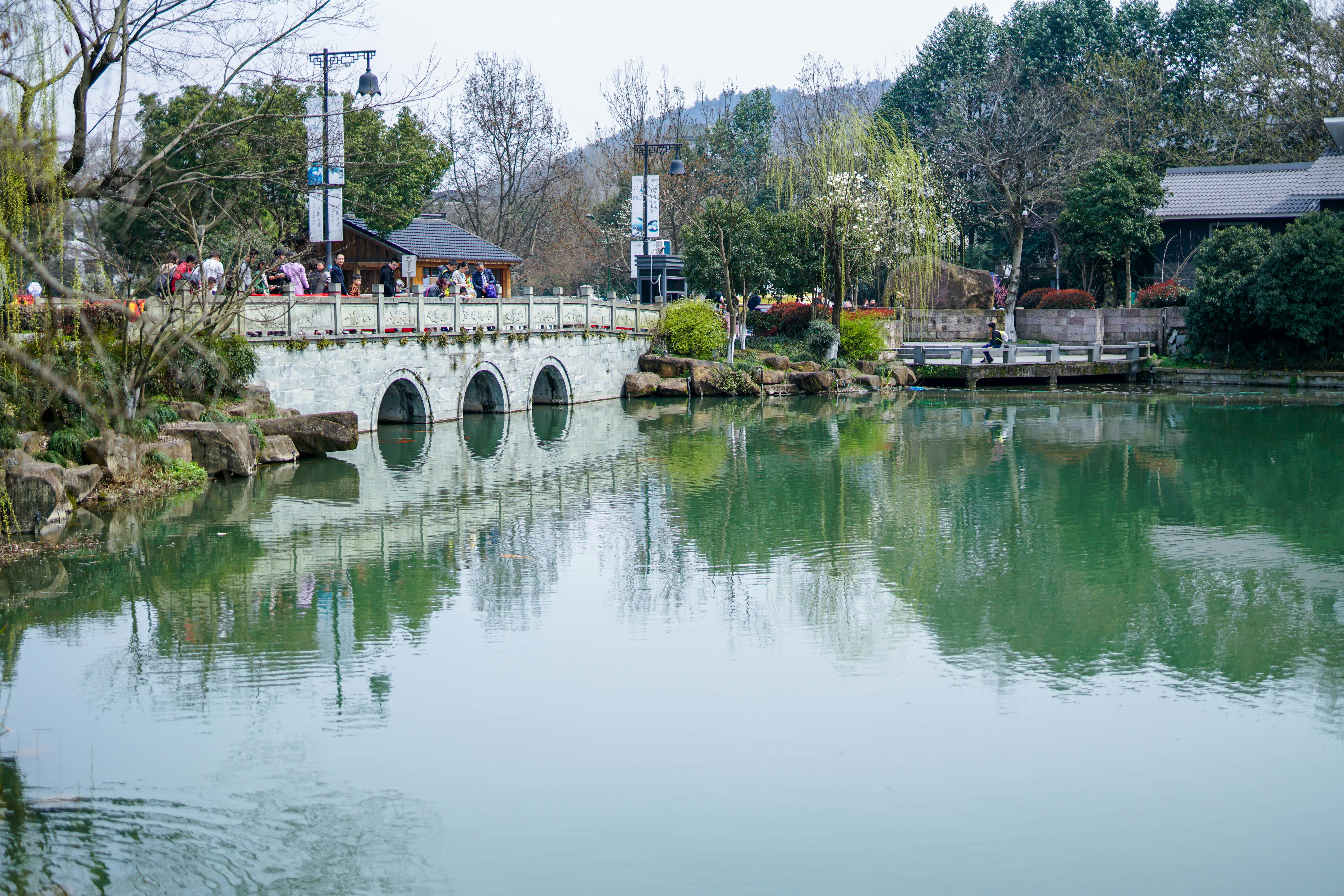 Emerald Reflections: The Stone-arched Bridge Over a Park Lake