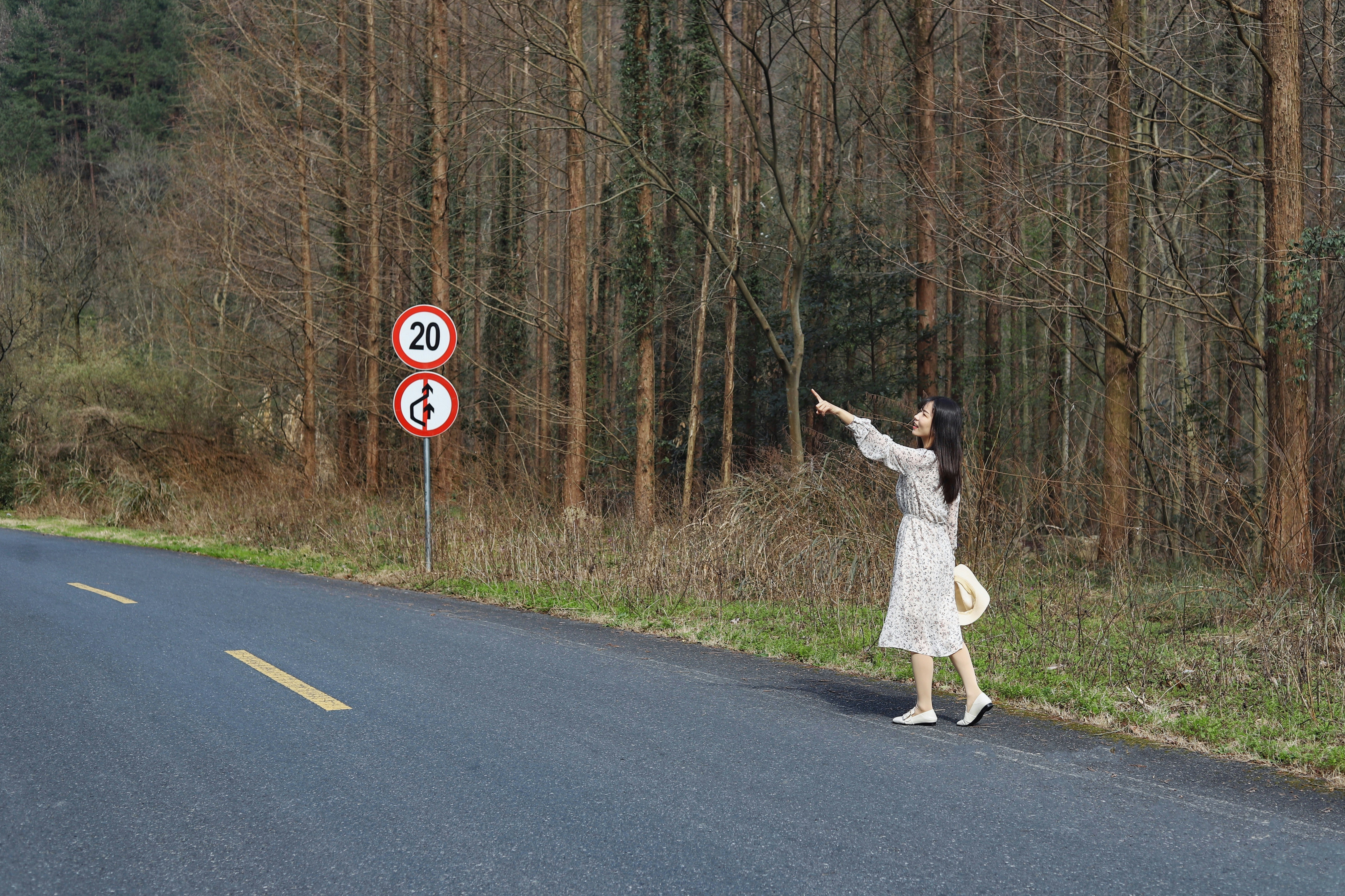 A woman in a flowing dress gestures towards a traffic sign in a serene forest setting, blending nature with a hint of caution.