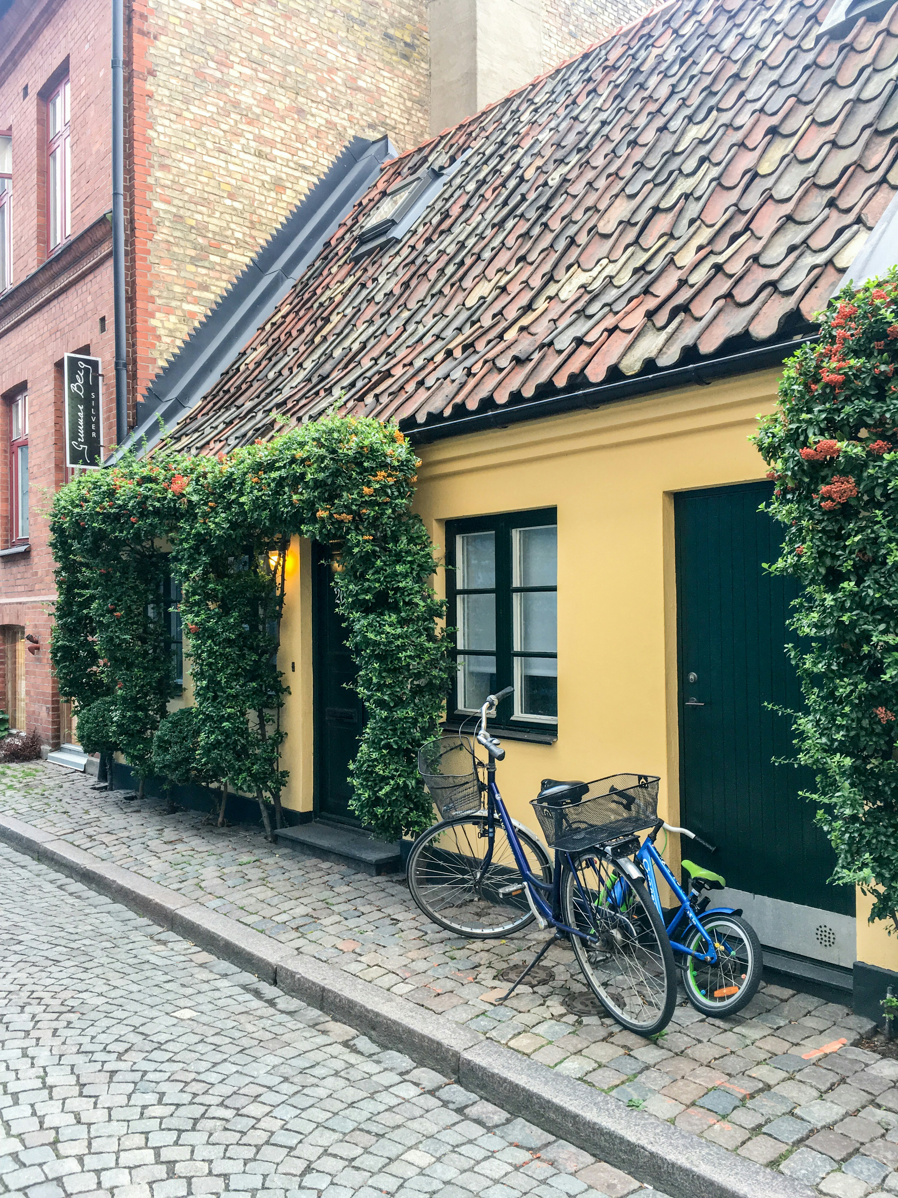 Quaint yellow house adorned with lush greenery, featuring bicycles parked beside it along a cobblestone street.
