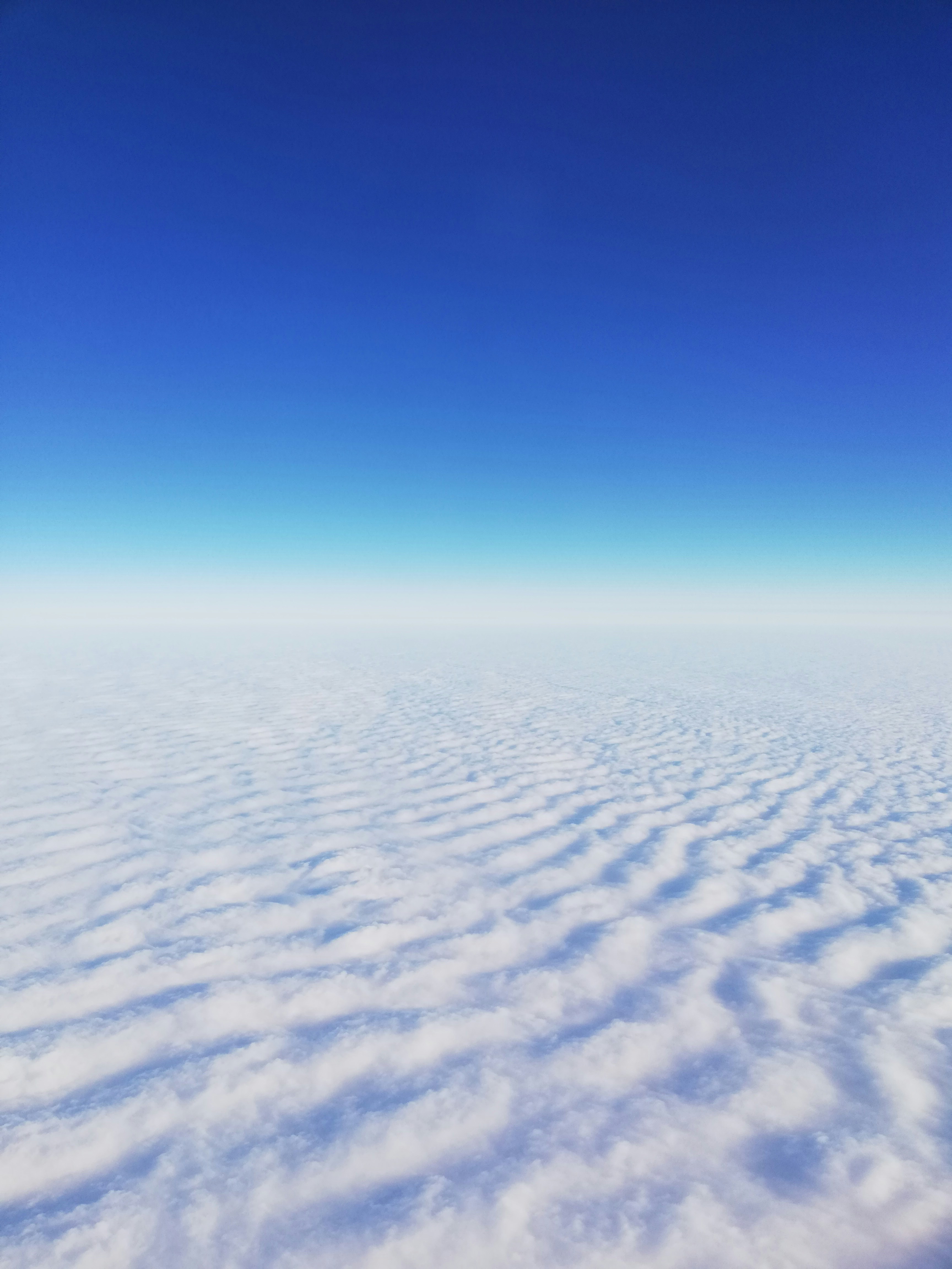Gradient blue sky rises above a vast sea of softly textured clouds. The crisp horizon defines the boundary between air and cloud.