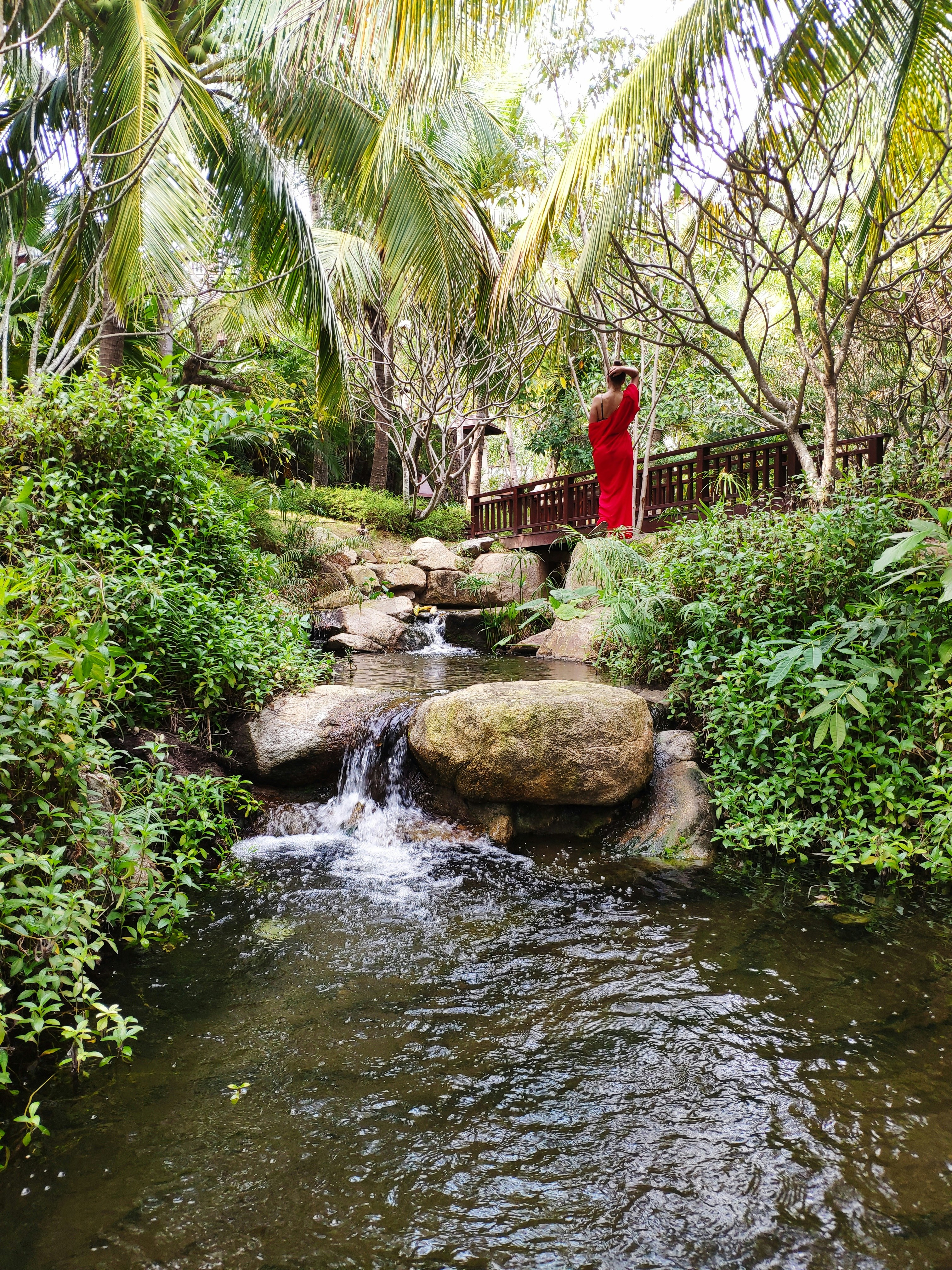 A tranquil stream flows through lush greenery, with a figure in red standing gracefully on a bridge. The scene evokes a sense of peace and harmony.