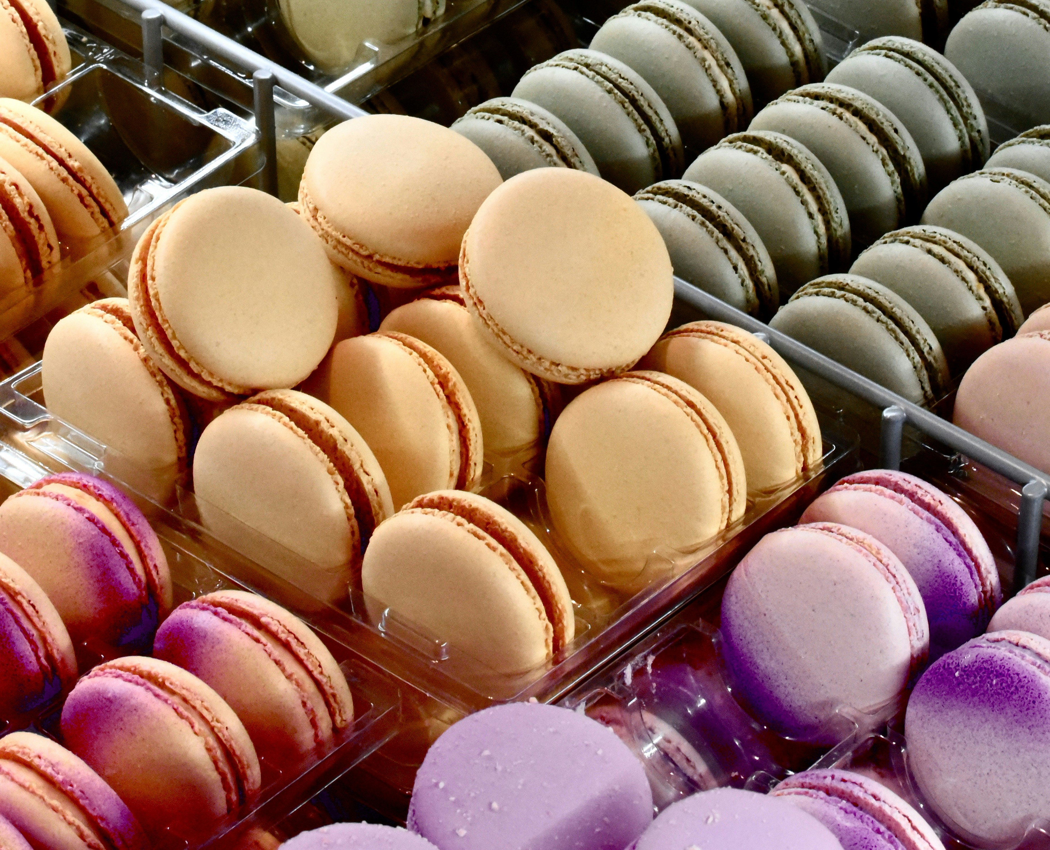 Assorted macarons in pastel hues stacked in clear trays, showcasing a variety of flavors and textures.