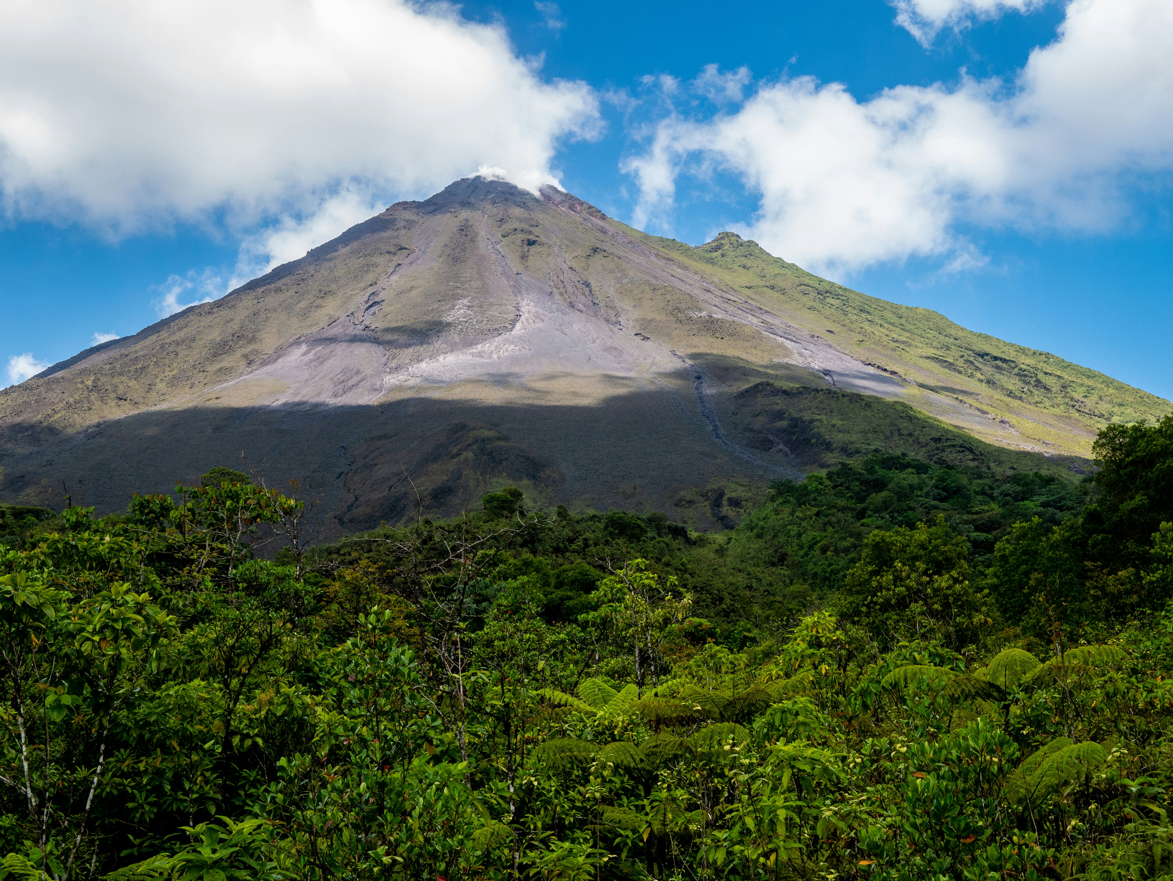 Volcanic peak rising above lush green forest under a bright blue sky with scattered clouds.