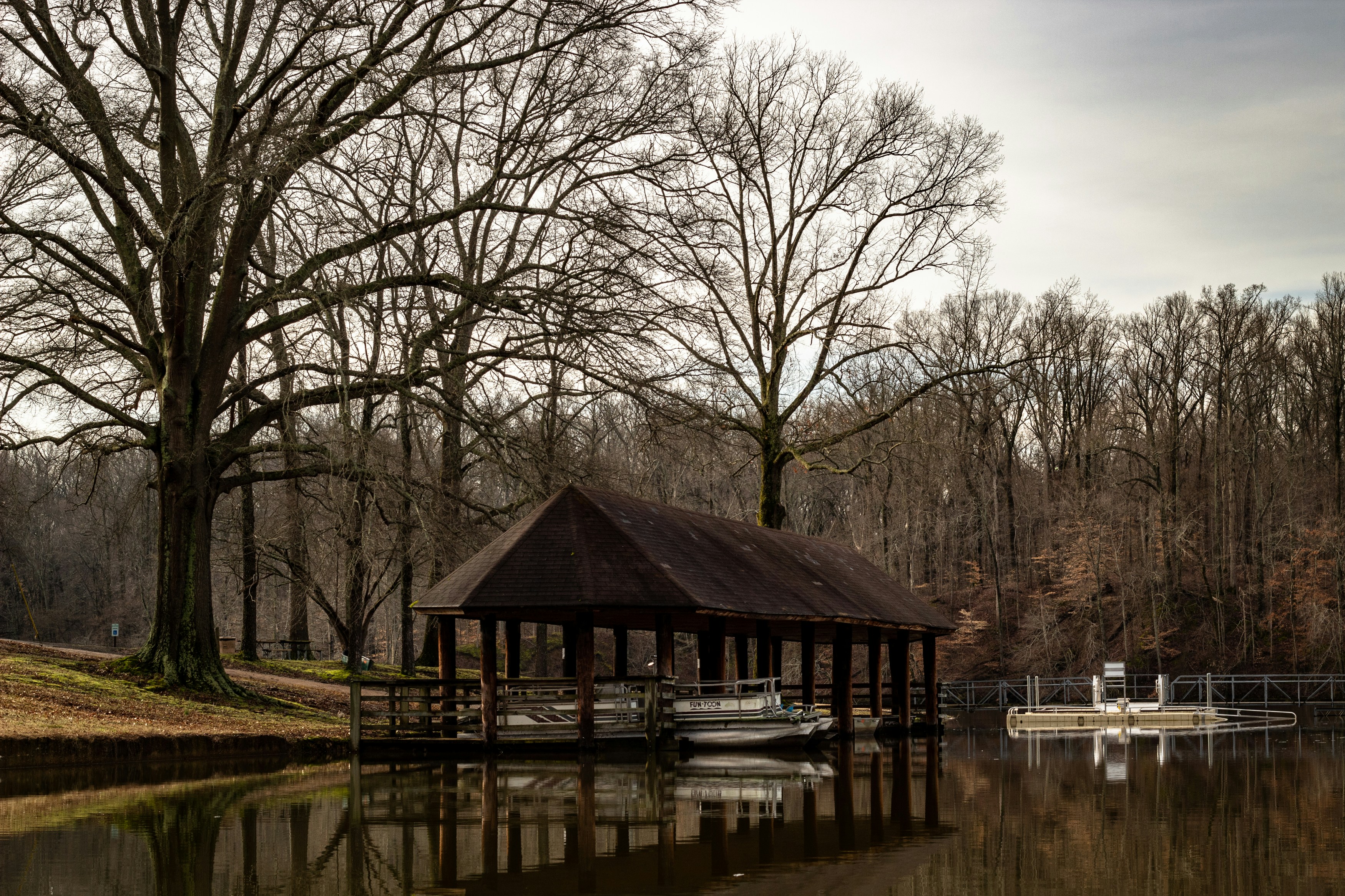 Quiet Lakeside Boathouse at Dusk