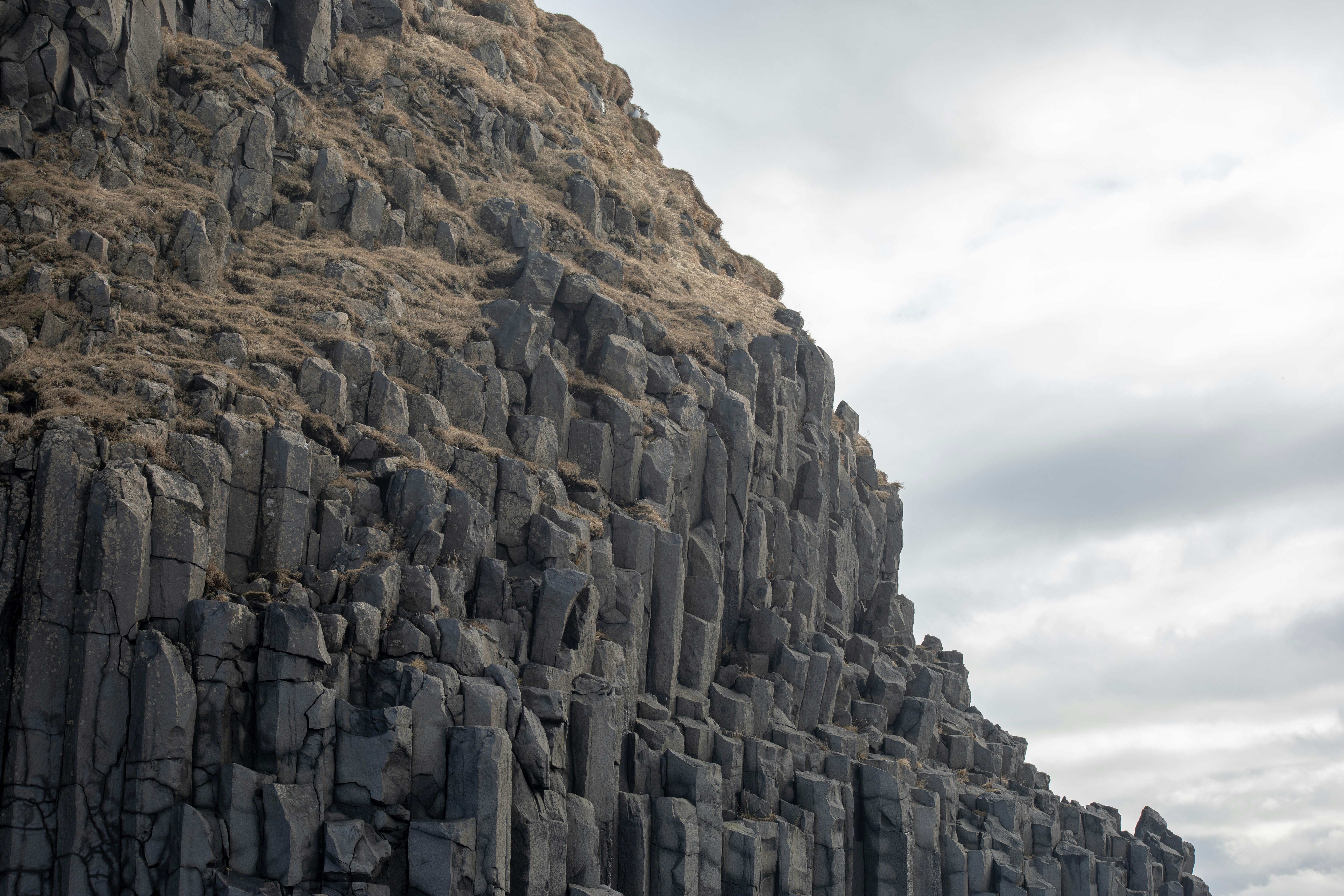 Basalt columns rise dramatically at Reynisfjara beach under a cloudy sky.