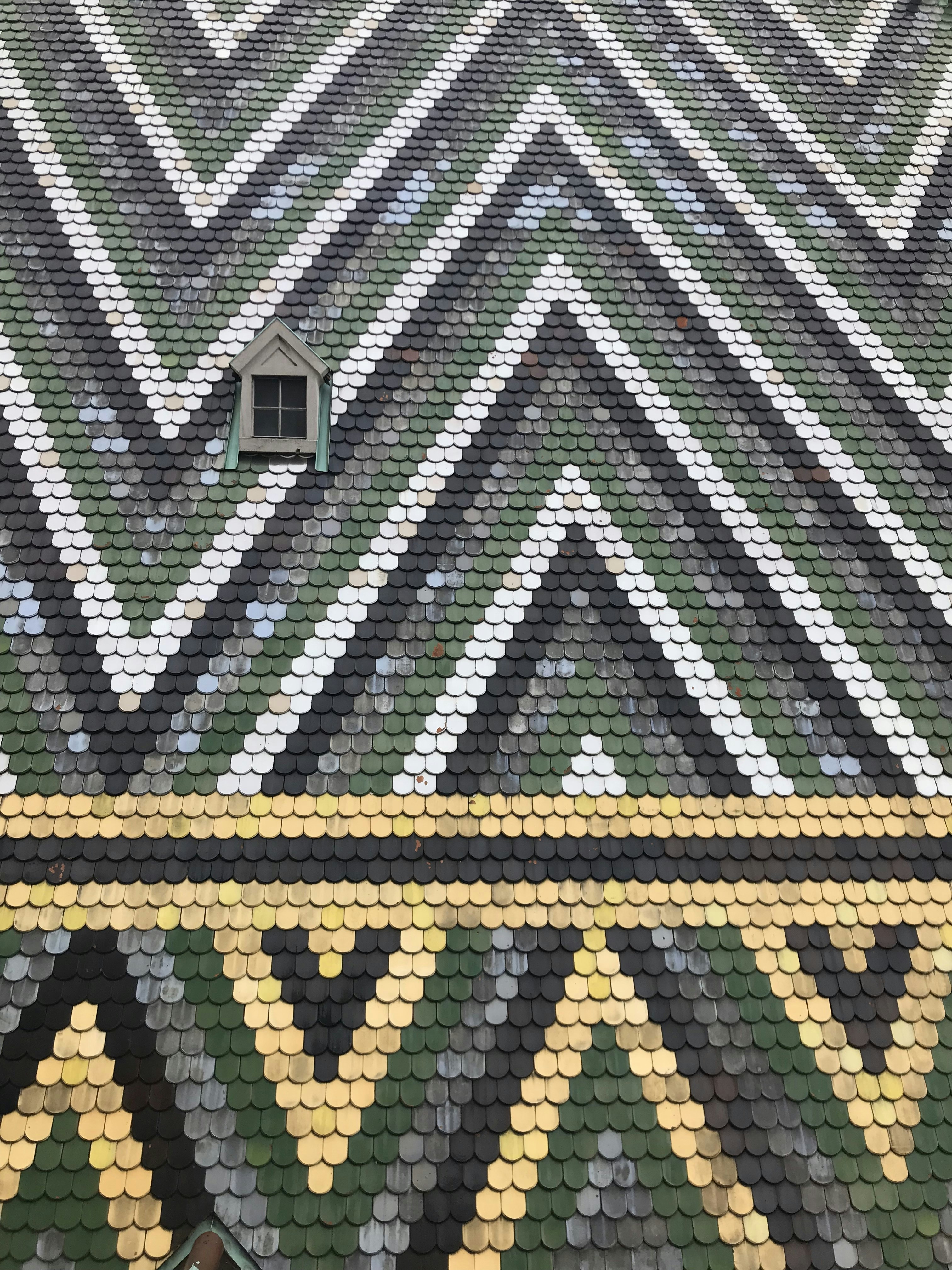 Chevron Quilt Roof: A Dormer Breaks the Geometric Mosaic