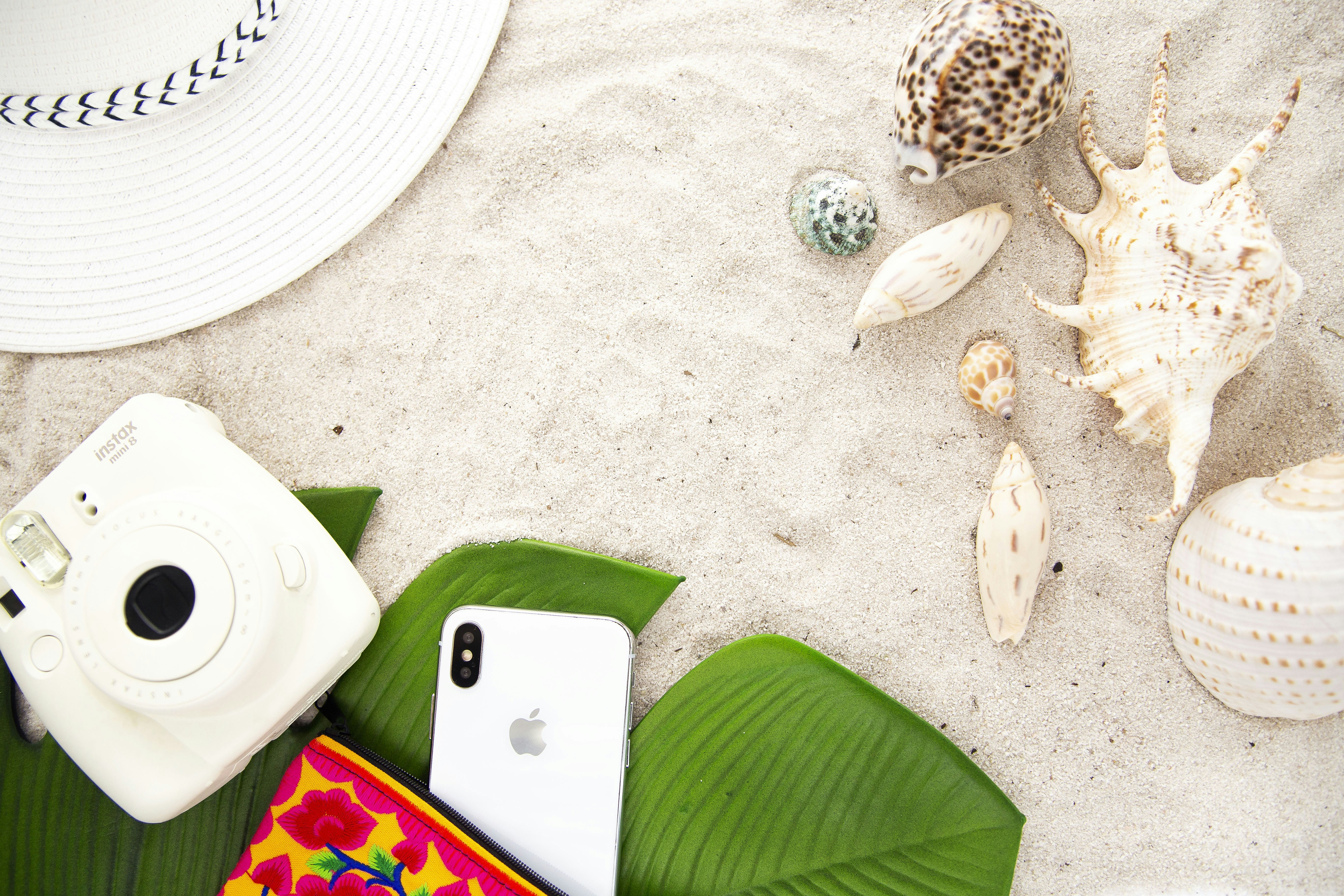 Sunlit Tech on Sand: White Camera and iPhone Among Seashells