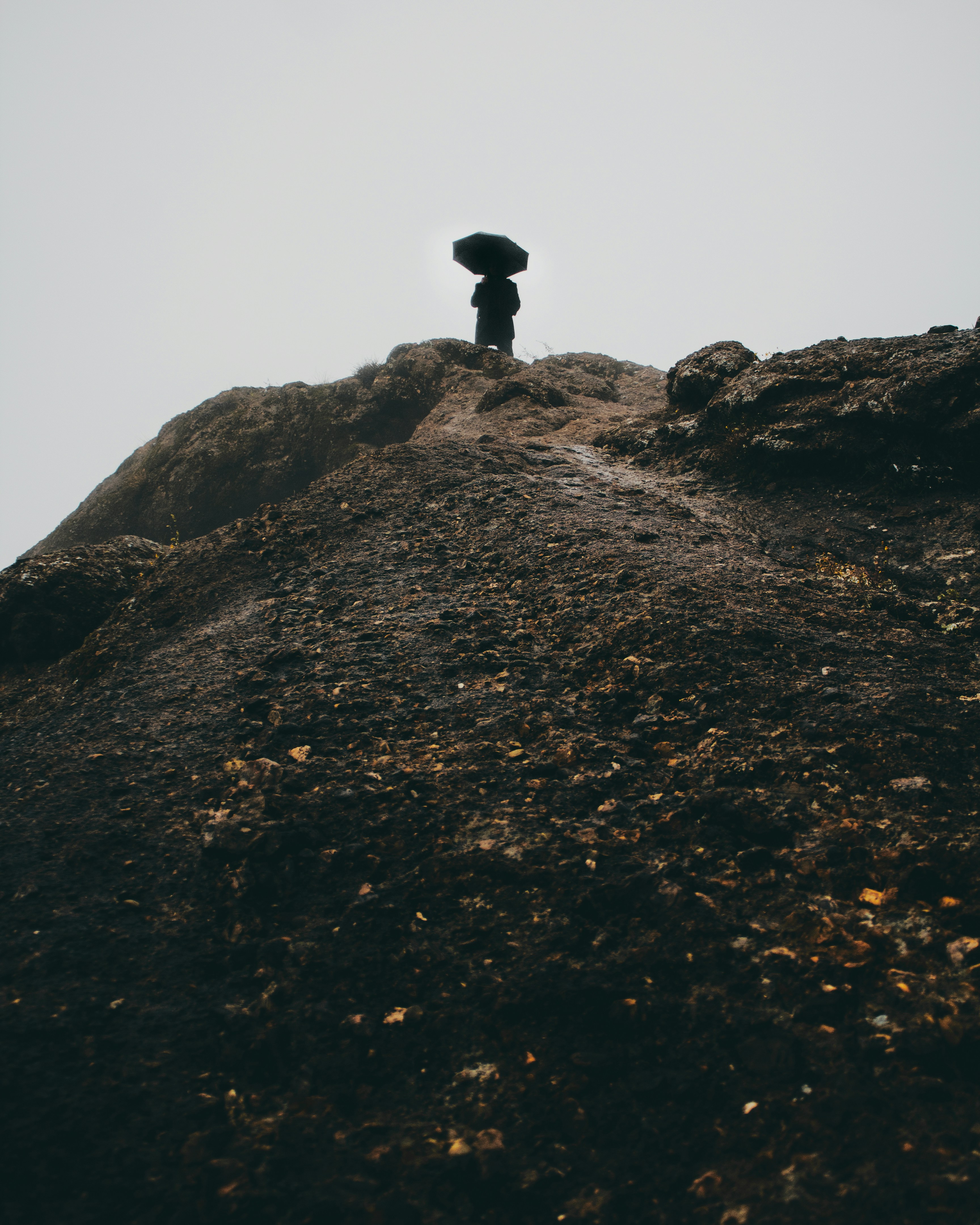 Umbrella on the Ridge: A Lone Figure at the Edge of the Cliff