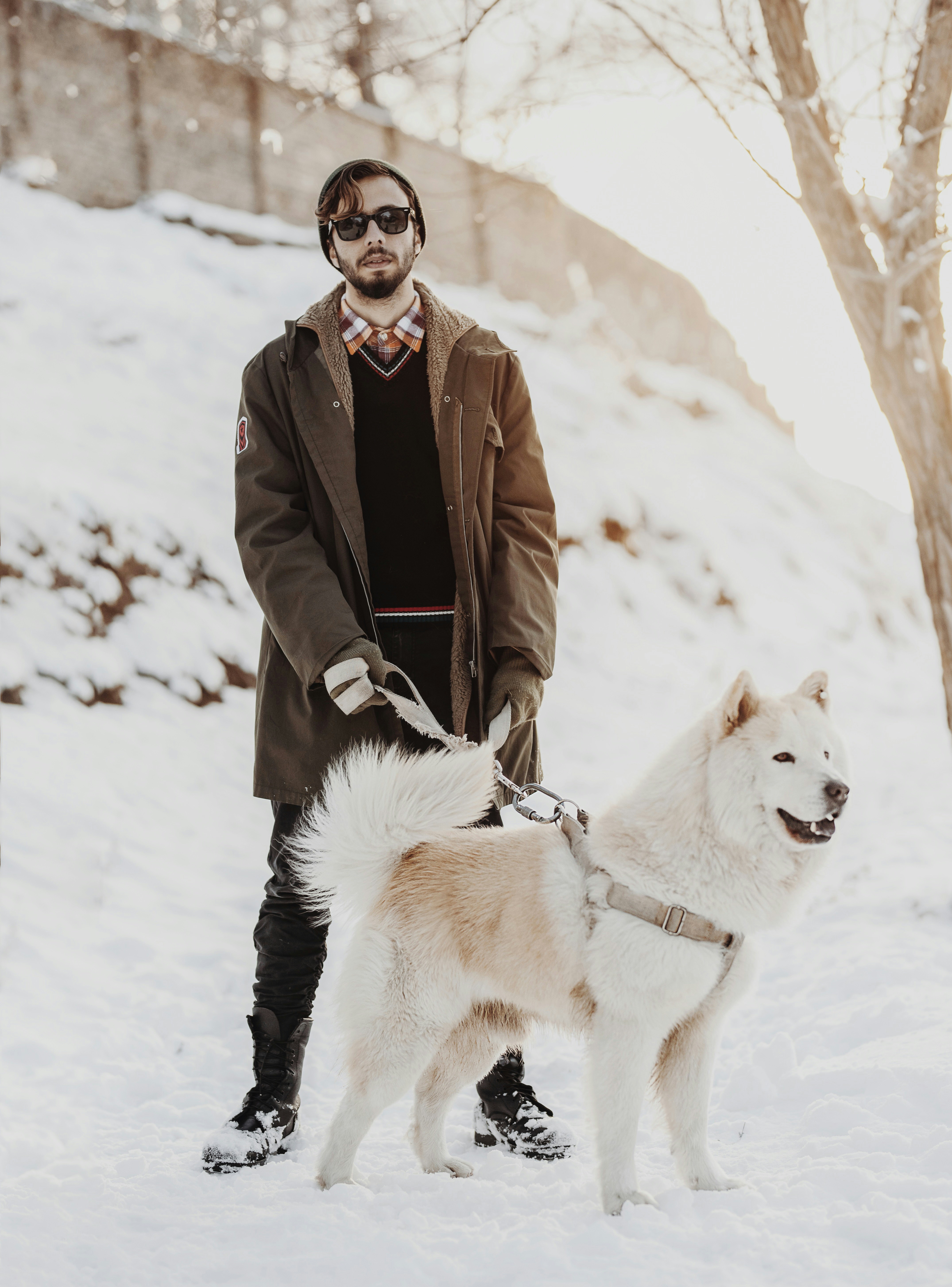 A man in winter attire stands beside a cheerful dog on a snowy landscape. The scene captures a moment of companionship and the beauty of winter.