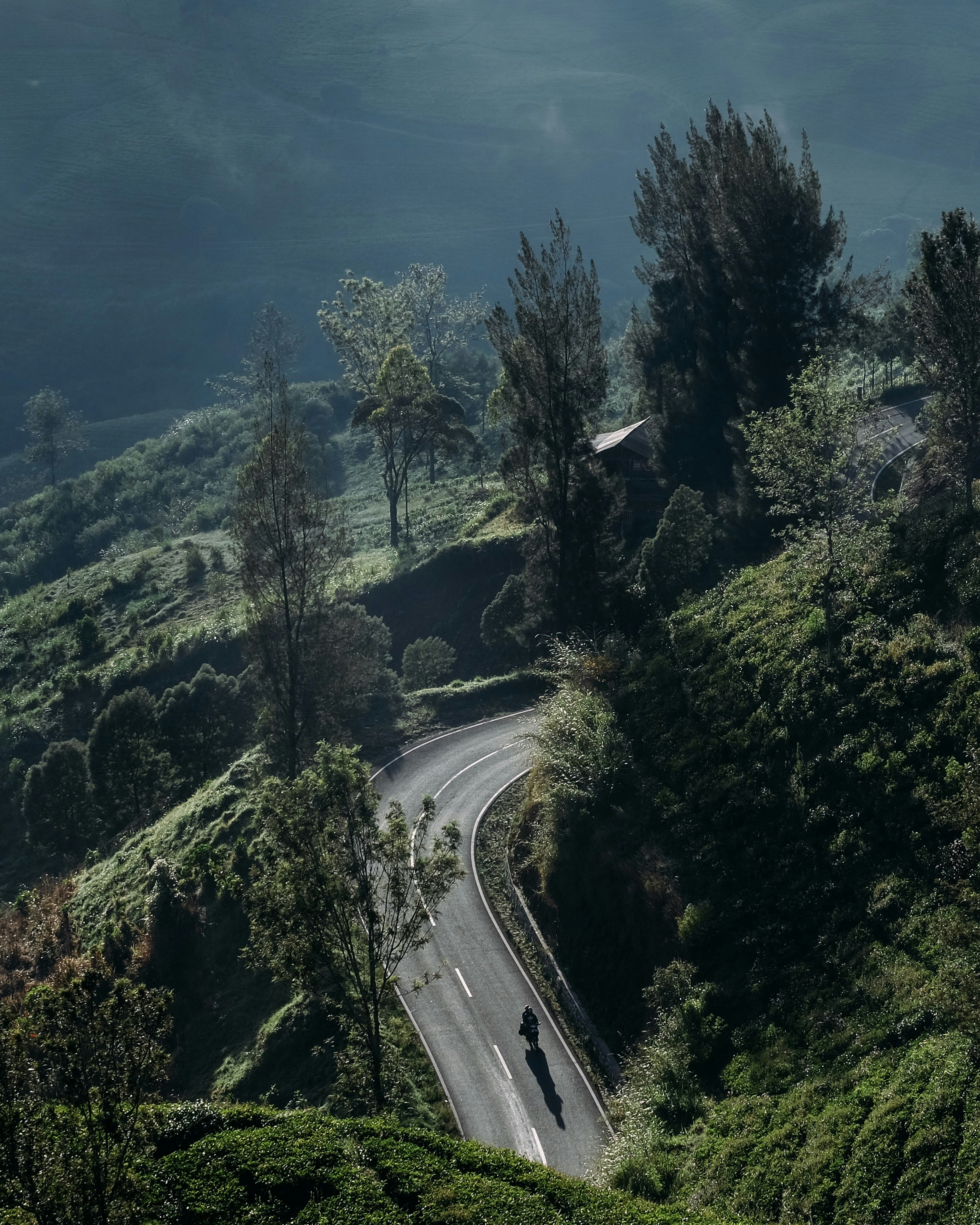 A winding mountain road carves through lush hillside as a solitary figure walks along the curve, captured in a tranquil landscape photograph.