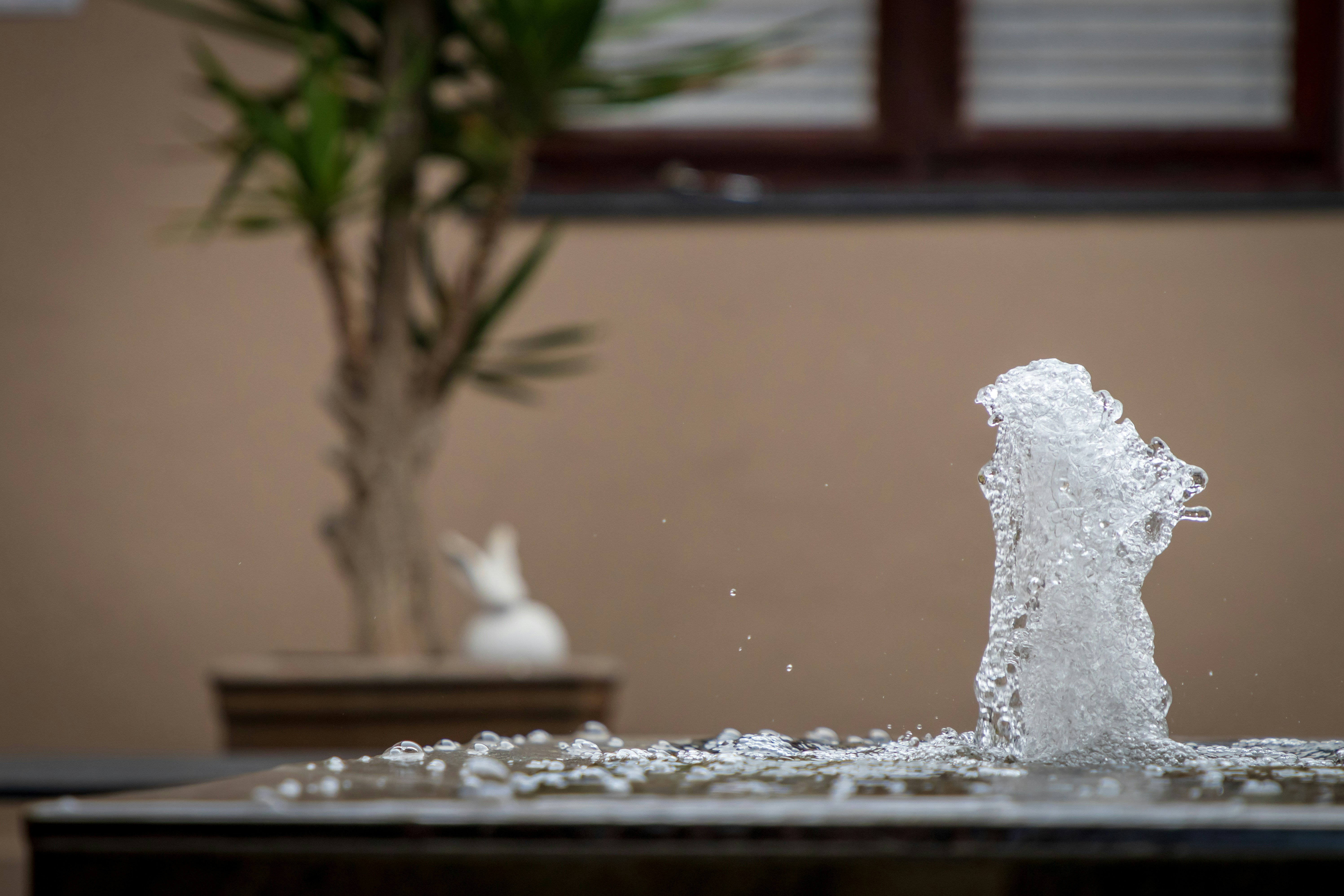 Jet of Glass in a Quiet Courtyard: A Fountain with a Distant Rabbit Statue
