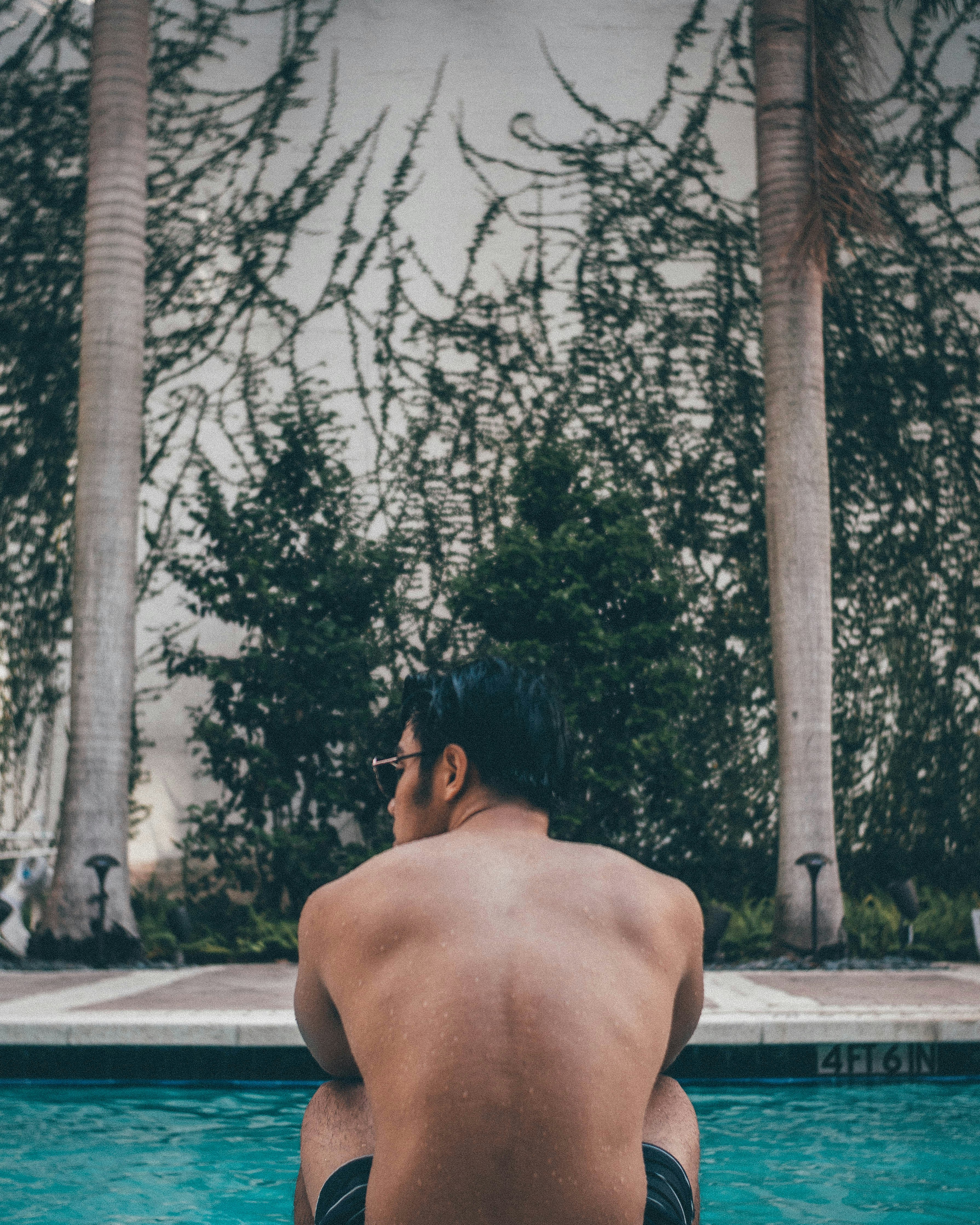 Poolside Reverie: A Back-Turn Portrait Amid Tall Palms