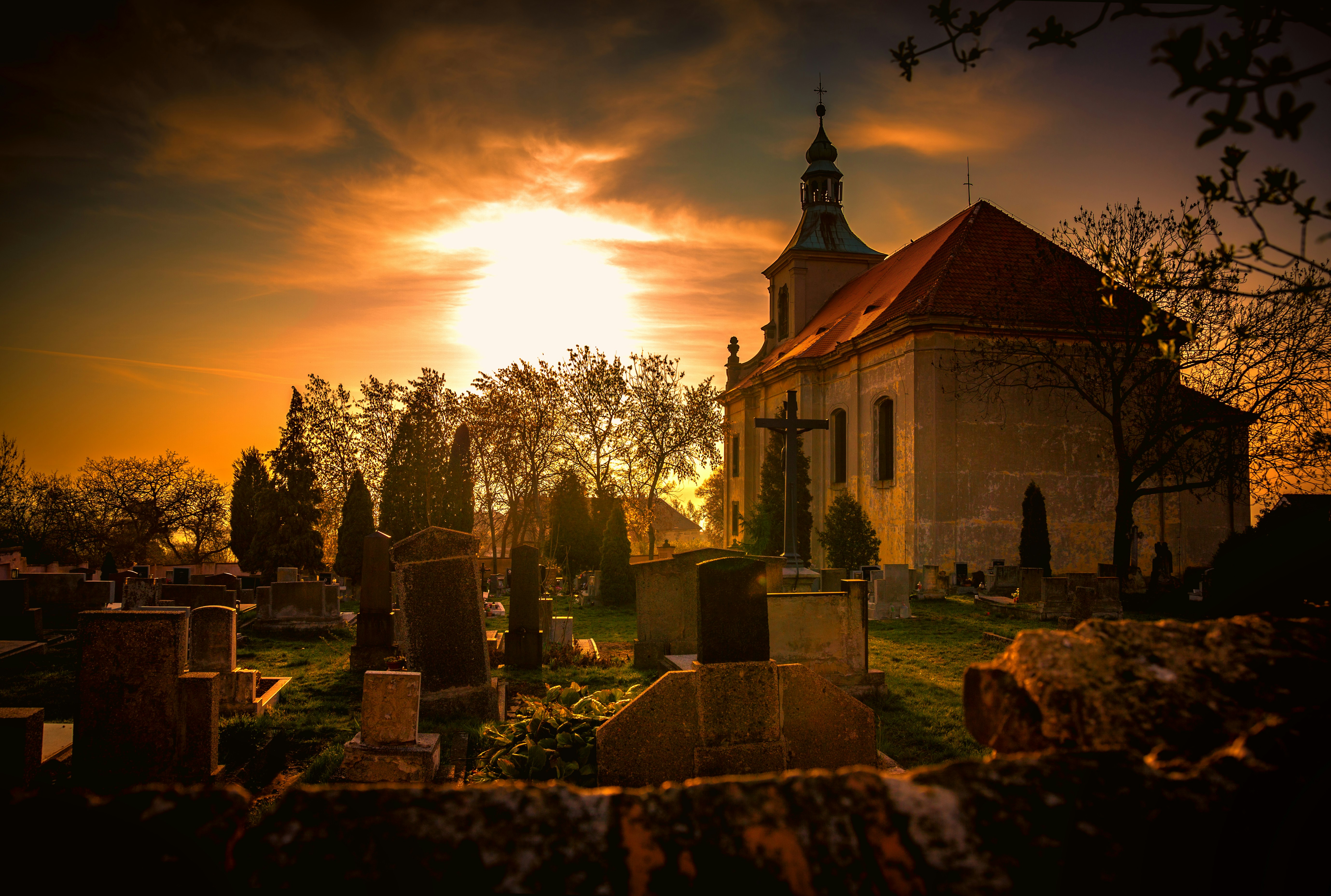 Cemetery beside chapel during golden hour photo – Free Building Image ...