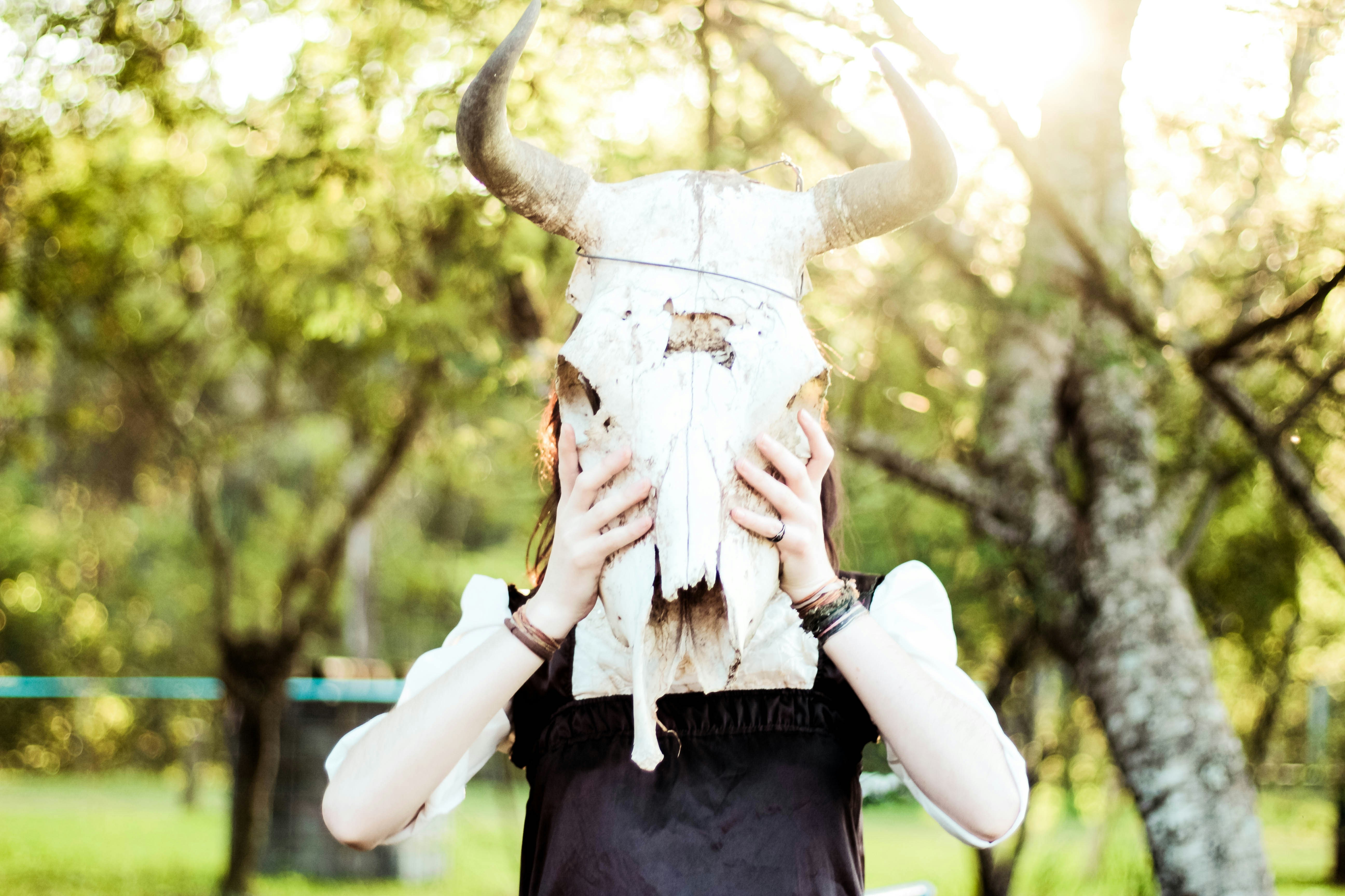 Masked ritual in the park: a horned skull held before a sunlit backdrop