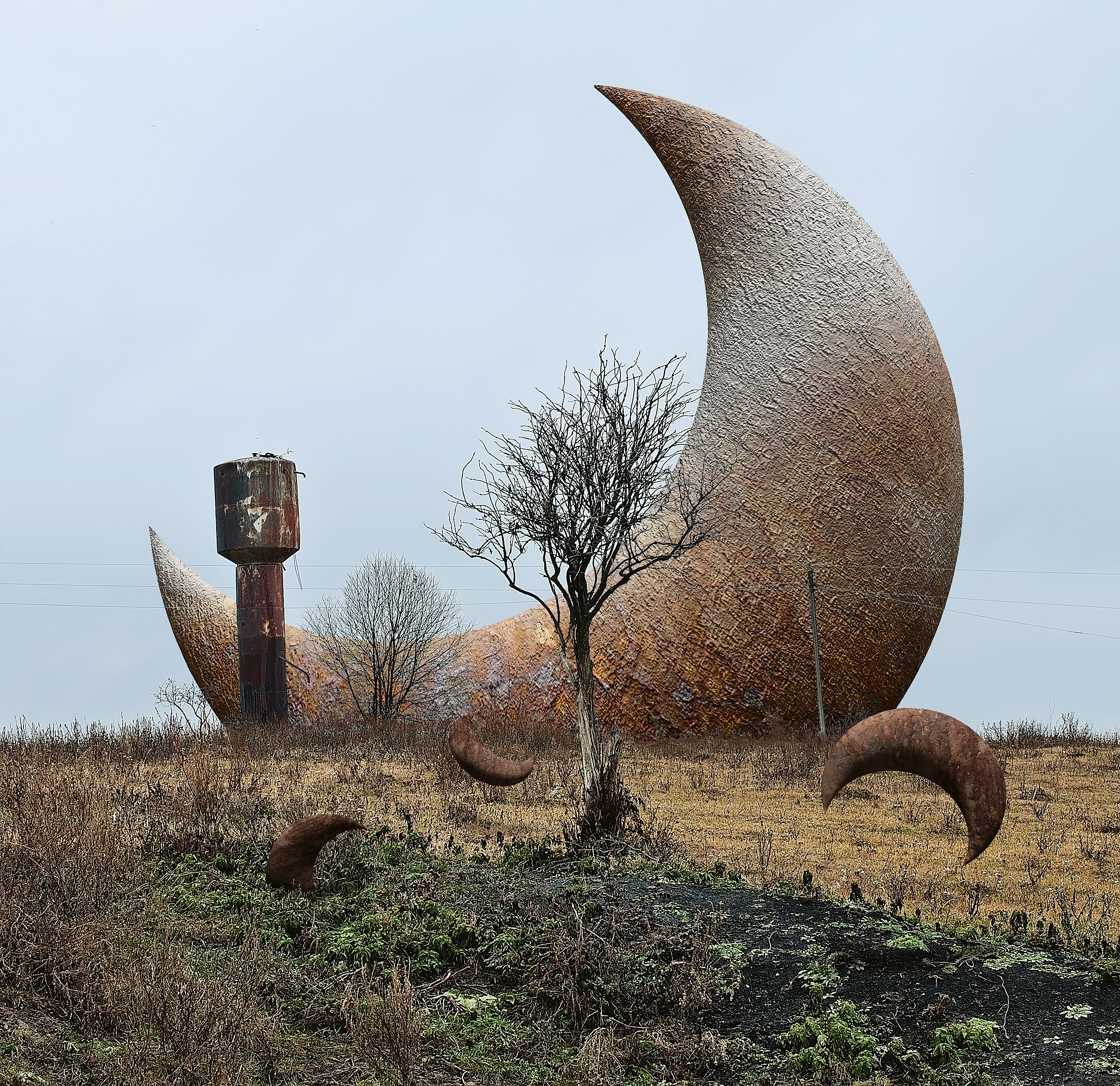 A large, rusted crescent sculpture towers over a desolate landscape, accompanied by smaller crescent forms scattered on the ground. A solitary tree adds a touch of life to the scene.