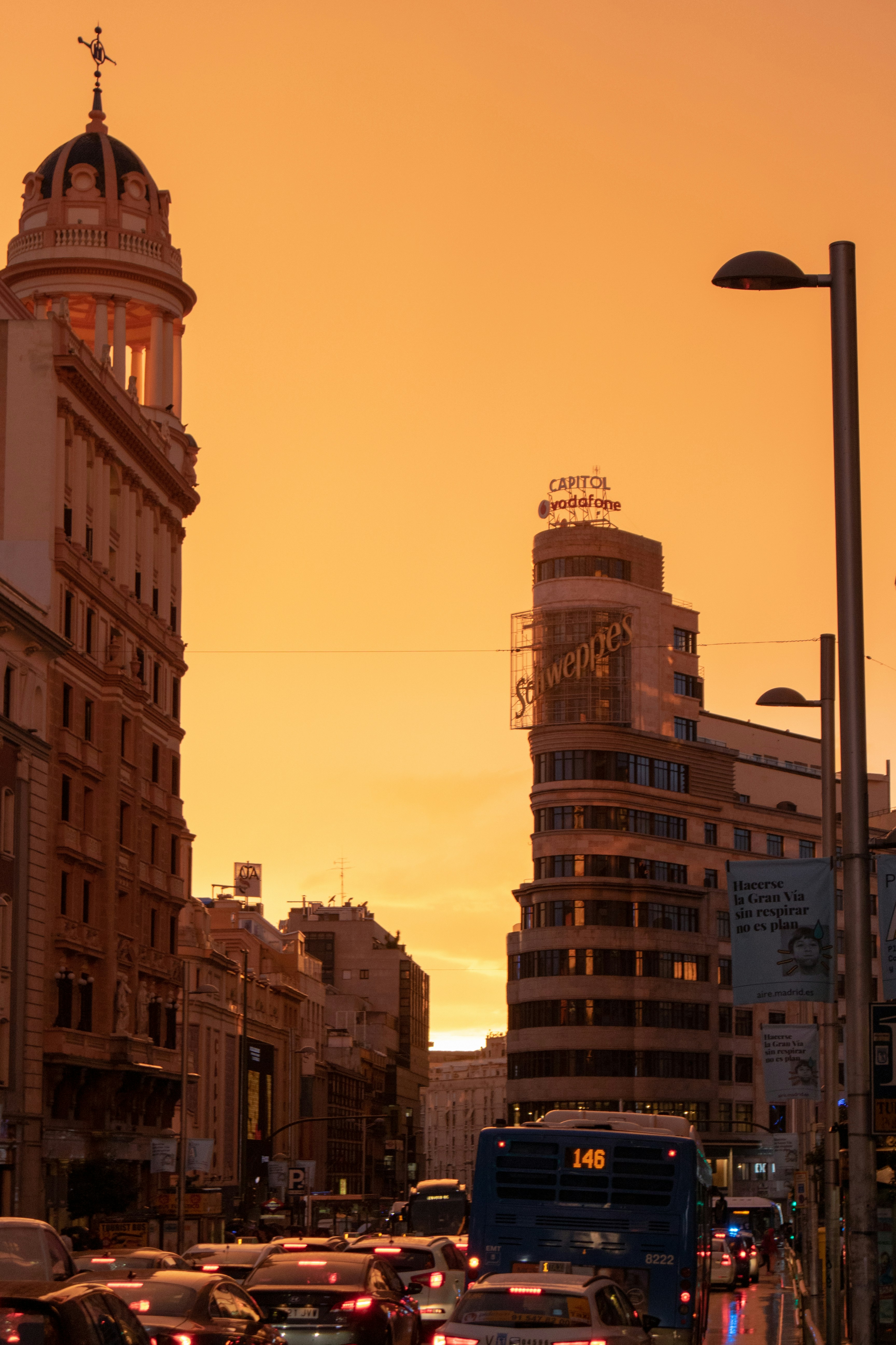 I was trying out my new camera when I was living in Madrid, in the evening walking over the Gran Via I made this picture of the Gran Via and the sunset.Martijn Vonk