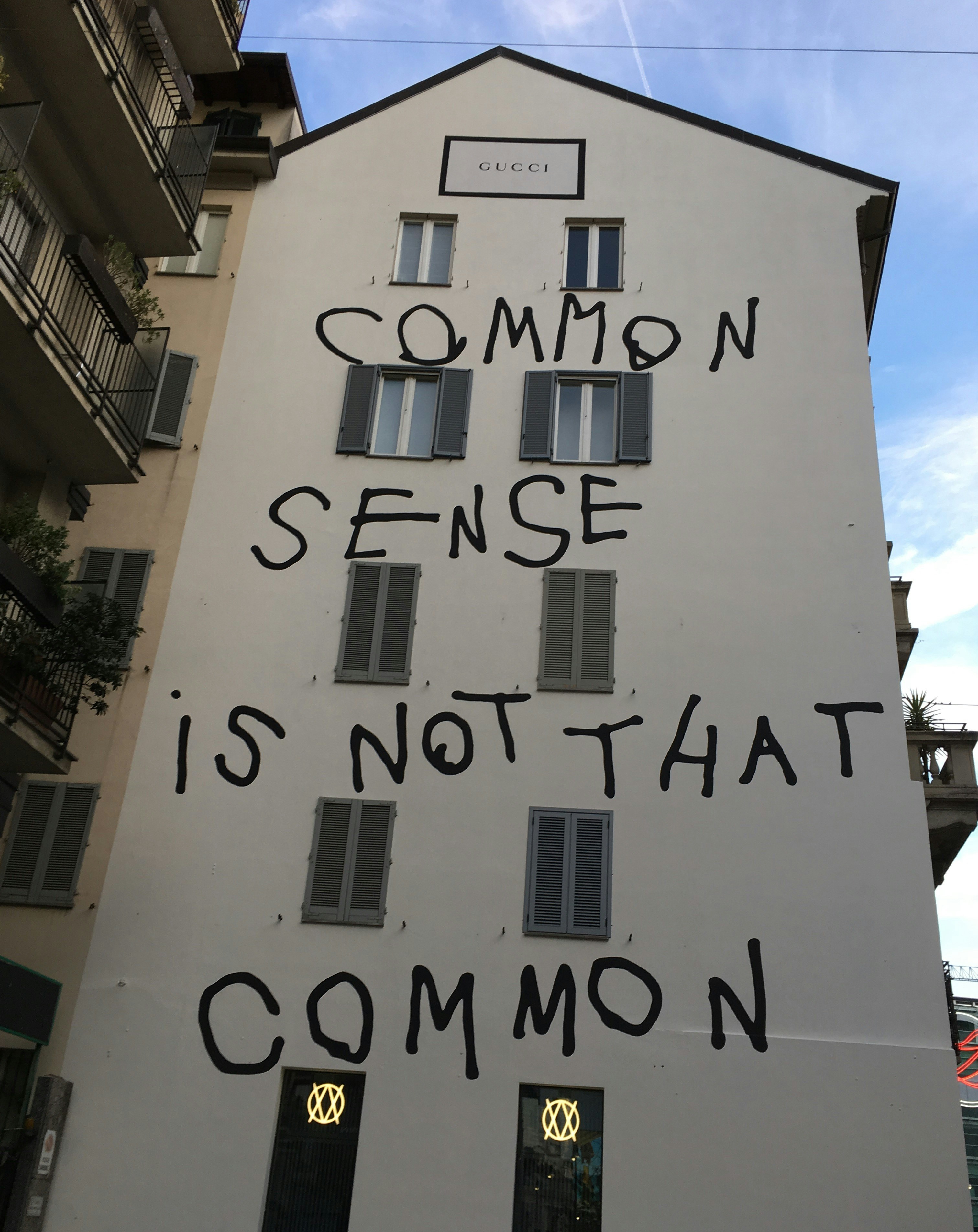 A large mural featuring the phrase 'COMMON SENSE IS NOT THAT COMMON' painted on a building wall, juxtaposed with architectural elements and windows.