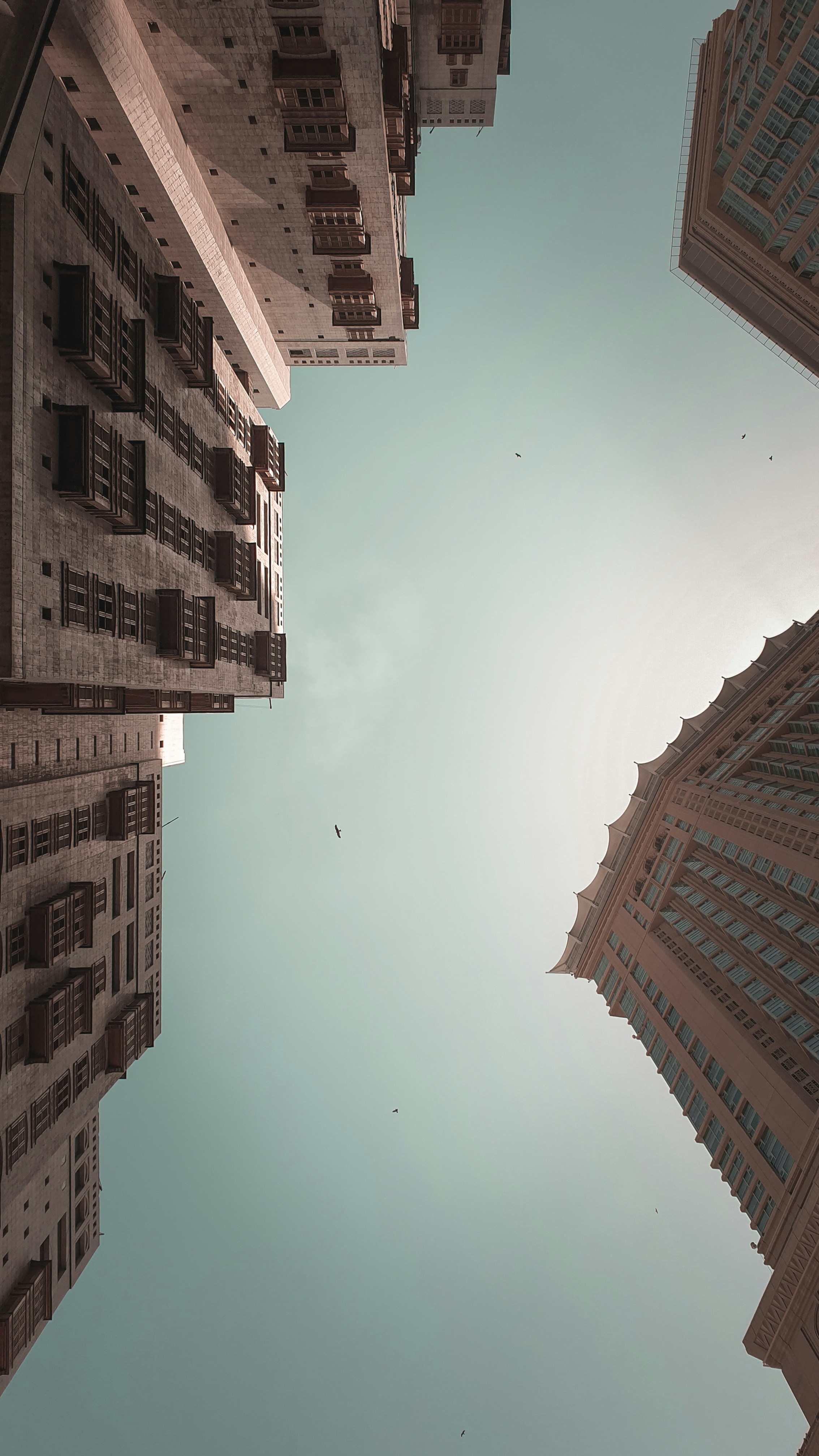 Skyward Urban Canyon: Towers Converge Toward the Pale Sky