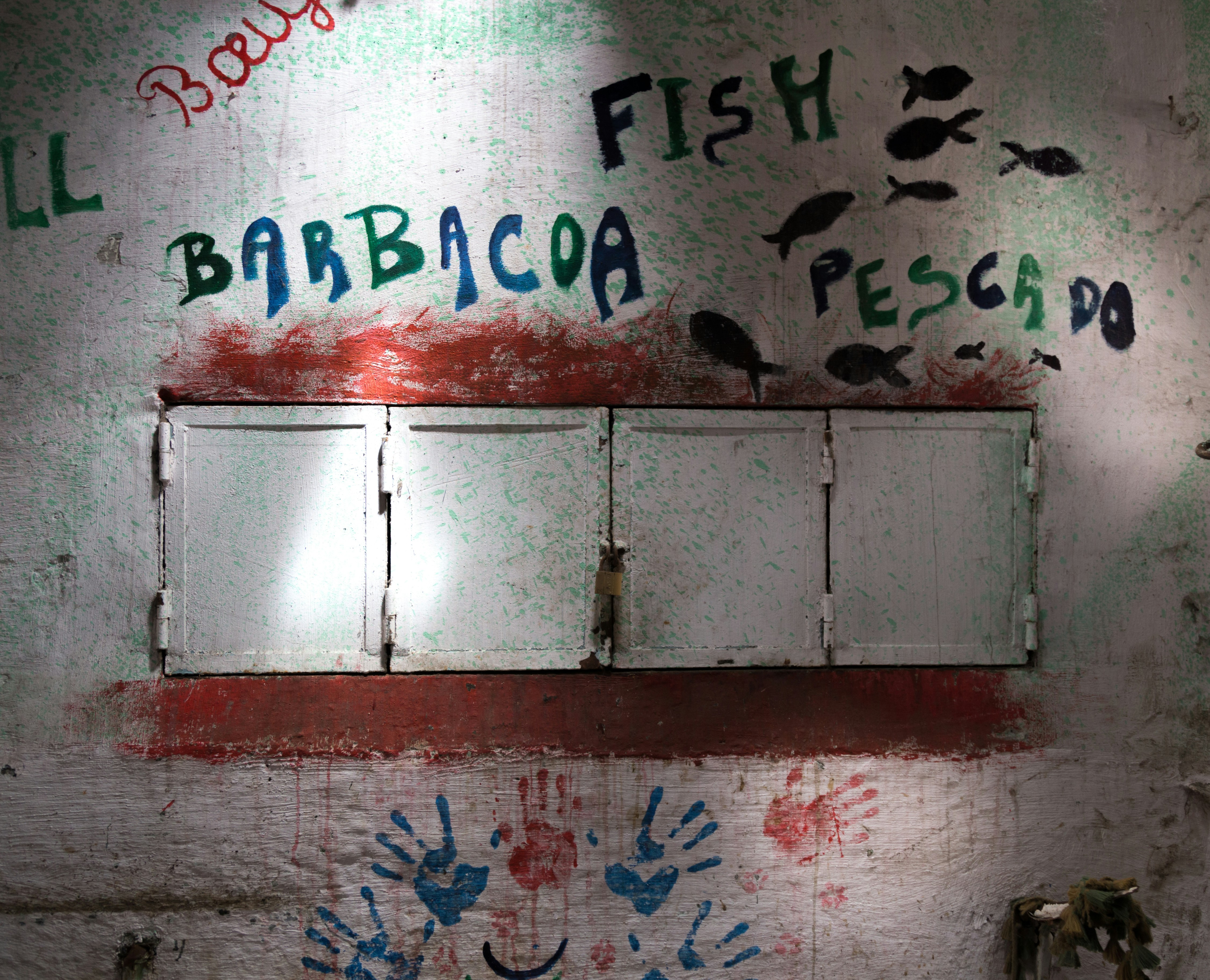 Colorful graffiti on a weathered wall featuring the words 'Barbacoa' and 'Fish,' adorned with playful fish illustrations. A rustic shutter adds character to this vibrant scene.