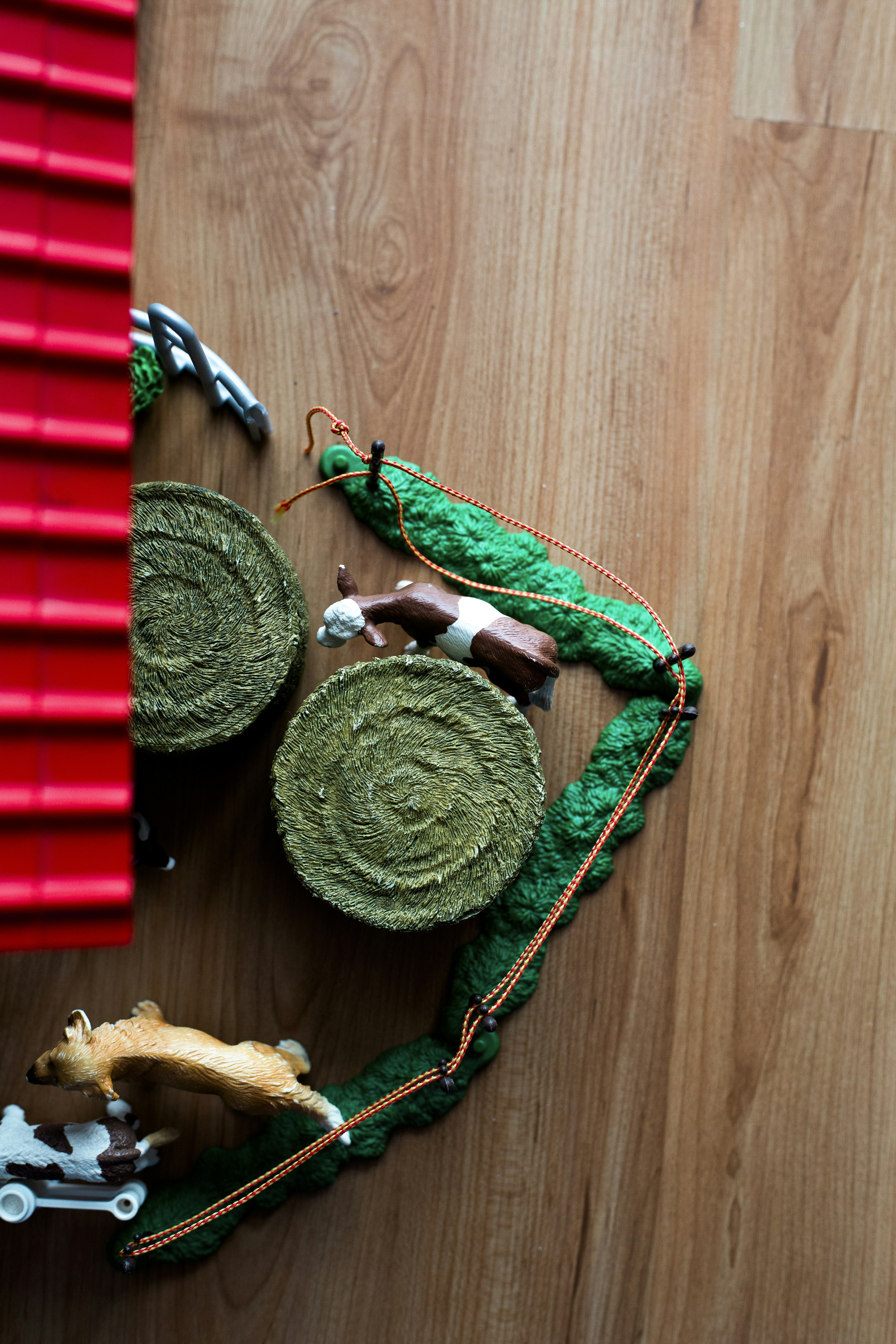 Green Rope and Log Slices: A Wood-Table Still-Life with Tiny Finds