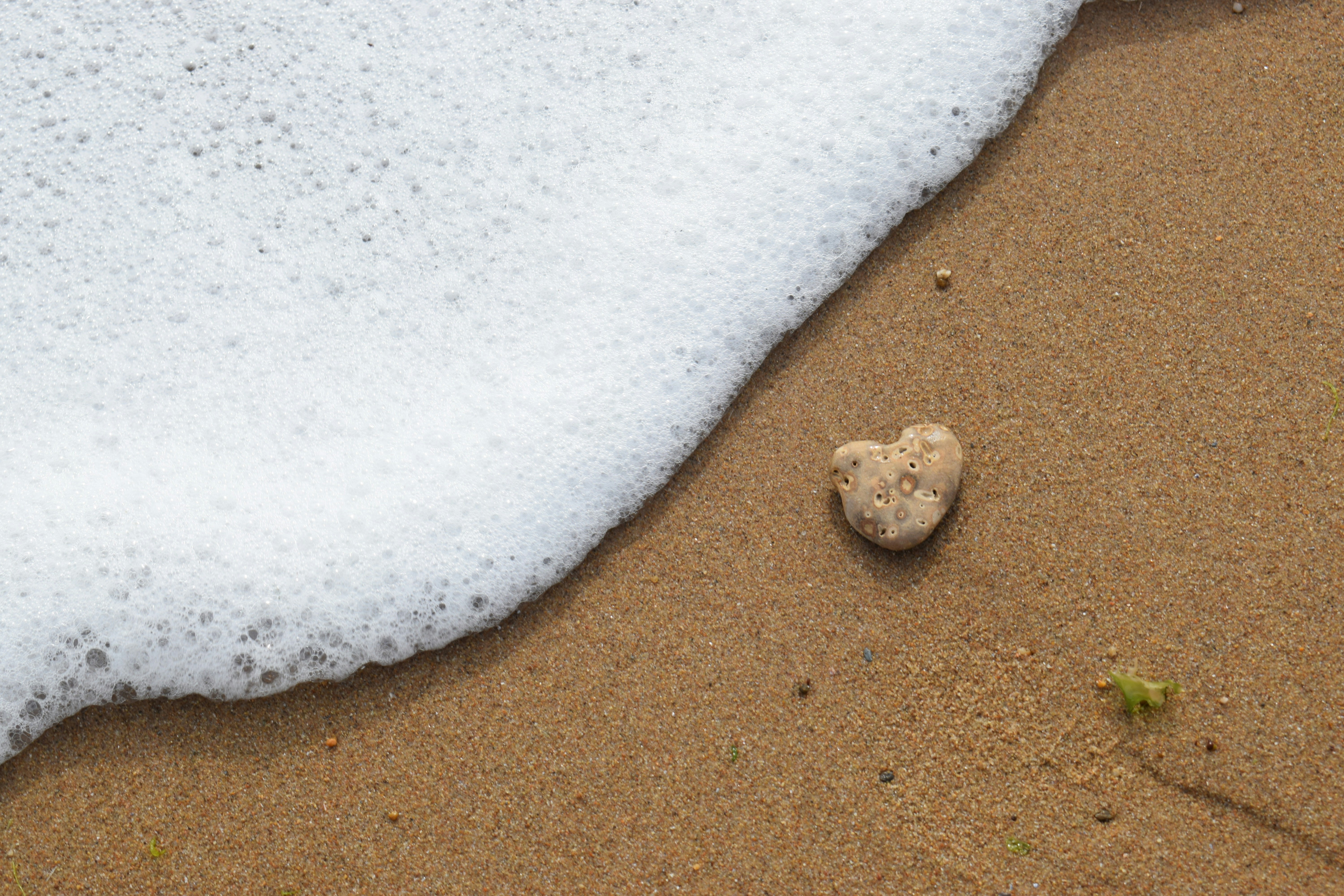 A heart-shaped stone rests on sandy beach, partially covered by gentle ocean foam. The scene captures the tranquility of nature's artistry.