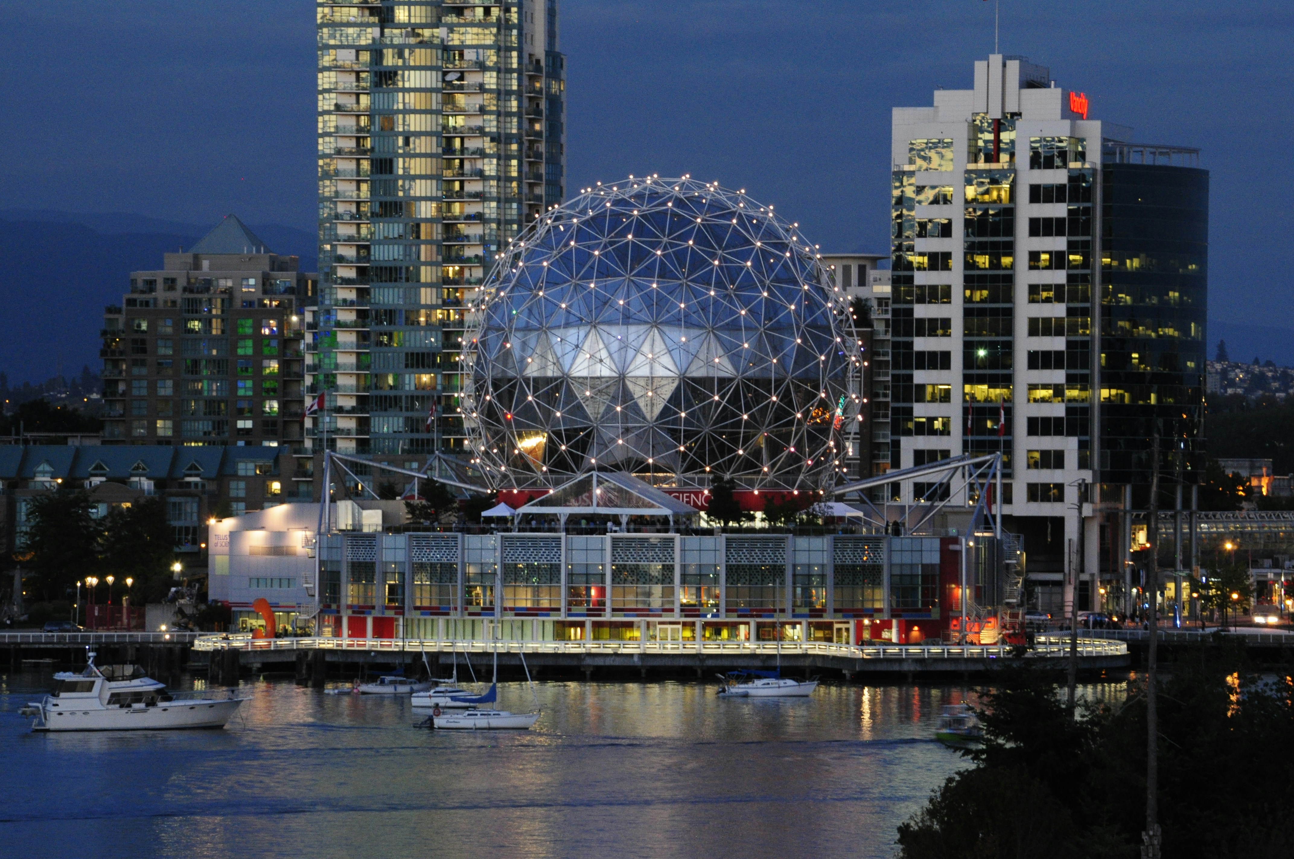 Twilight Dome: Neon Lattice Over Vancouver's Waterfront