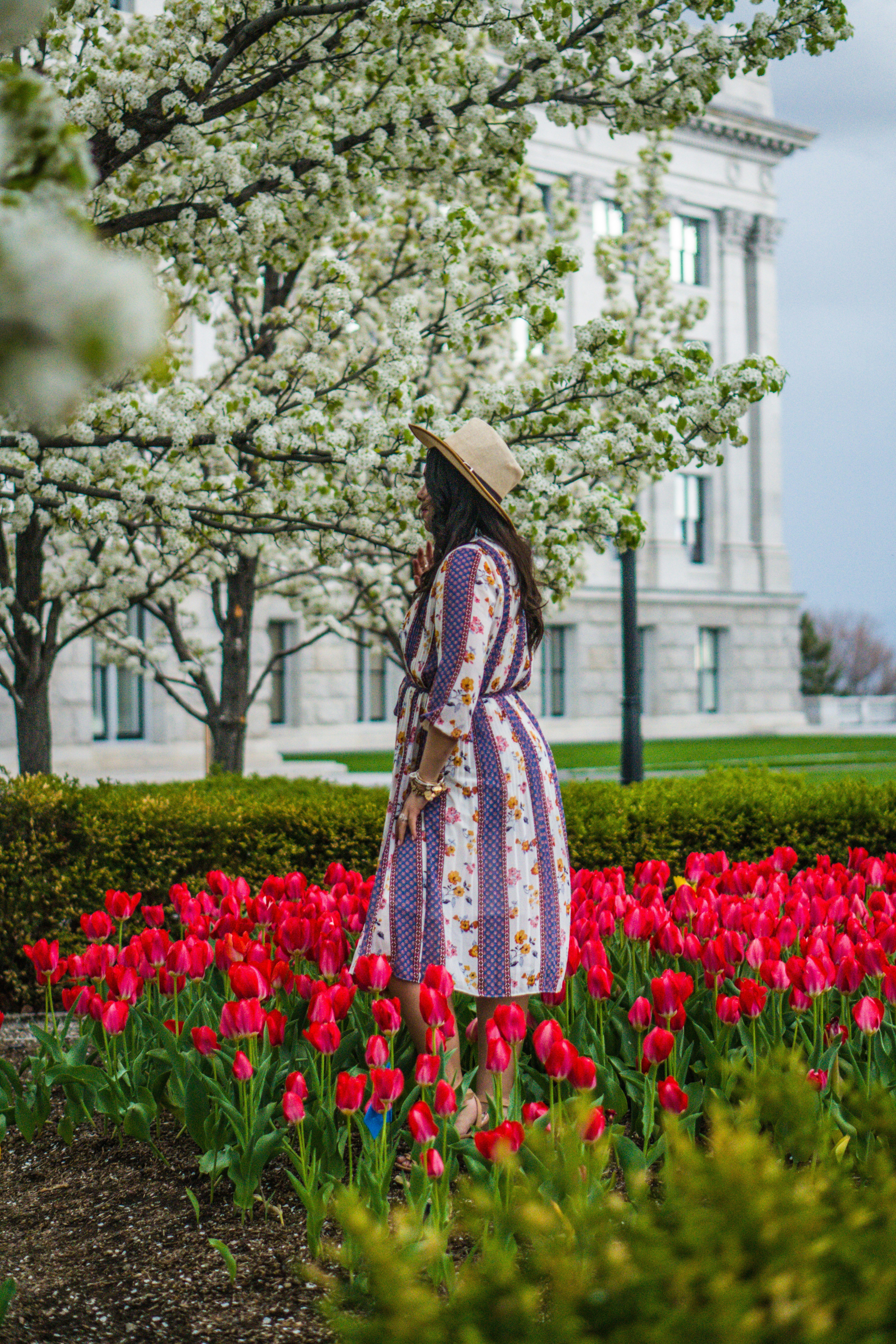 Woman in a patterned dress stands among vibrant red tulips, framed by blooming trees and a historic building in the background.