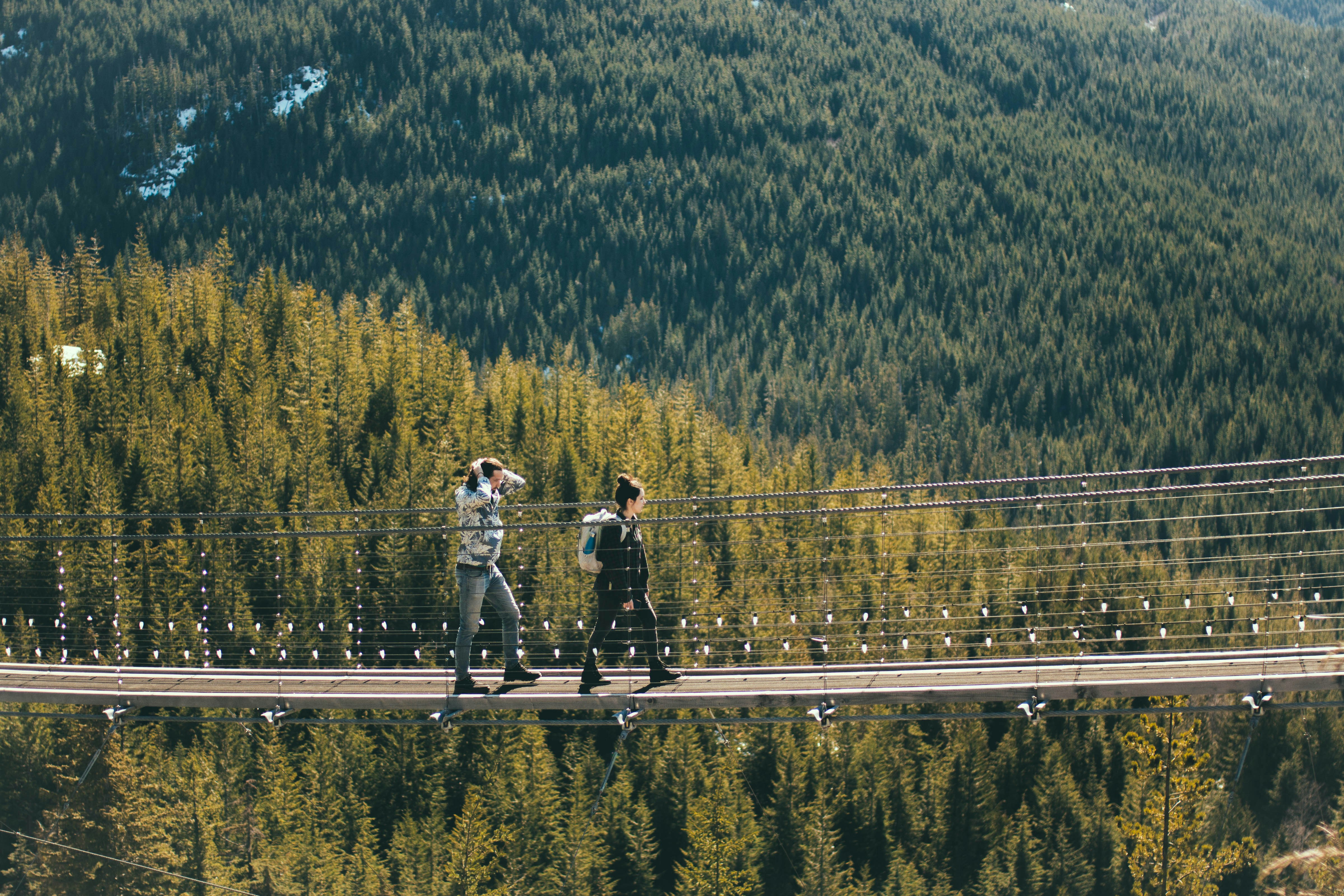 Two people walking on a slender bridge suspended above a forested valley.