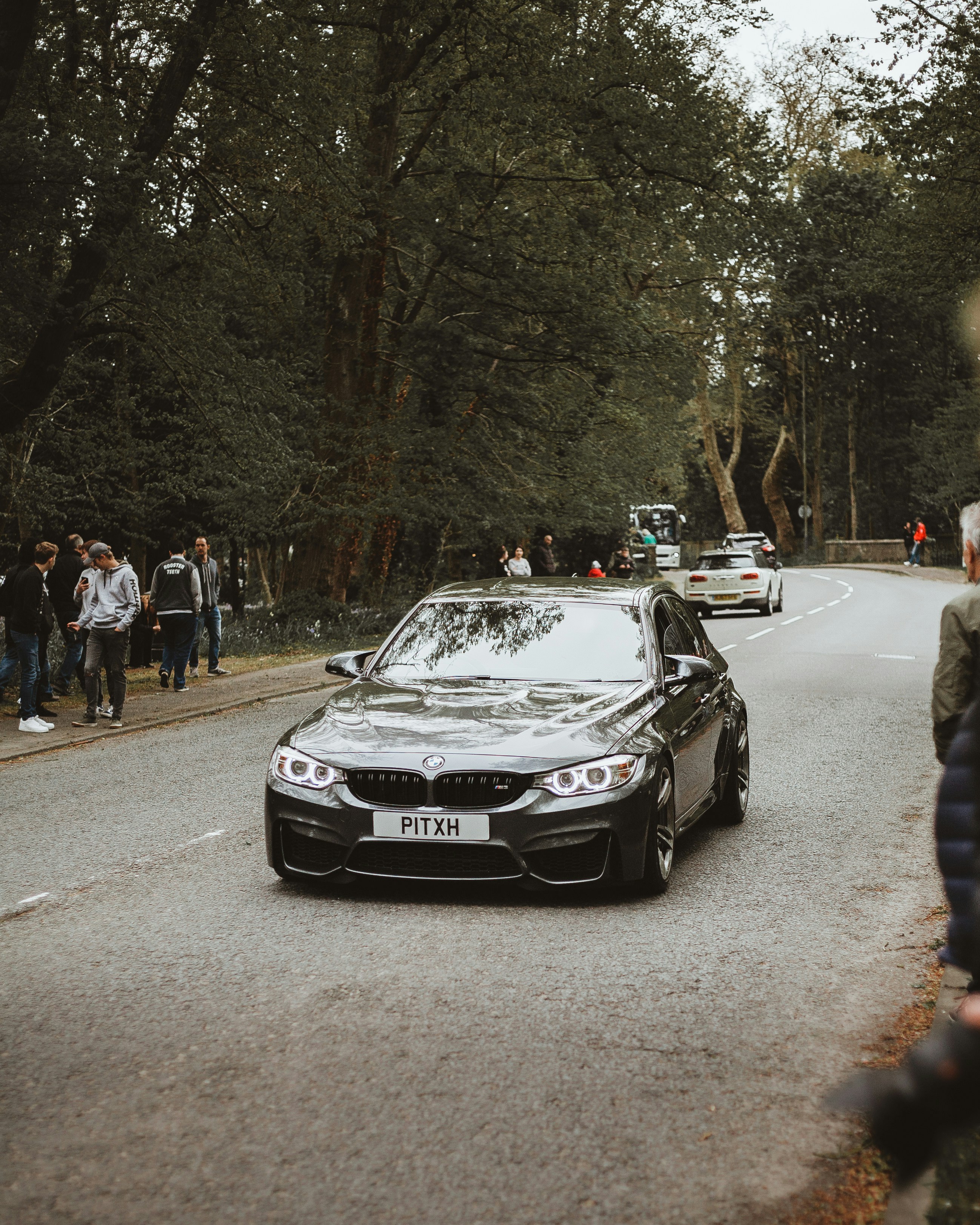 Mid-Row Mercedes on a Curved Forest Road