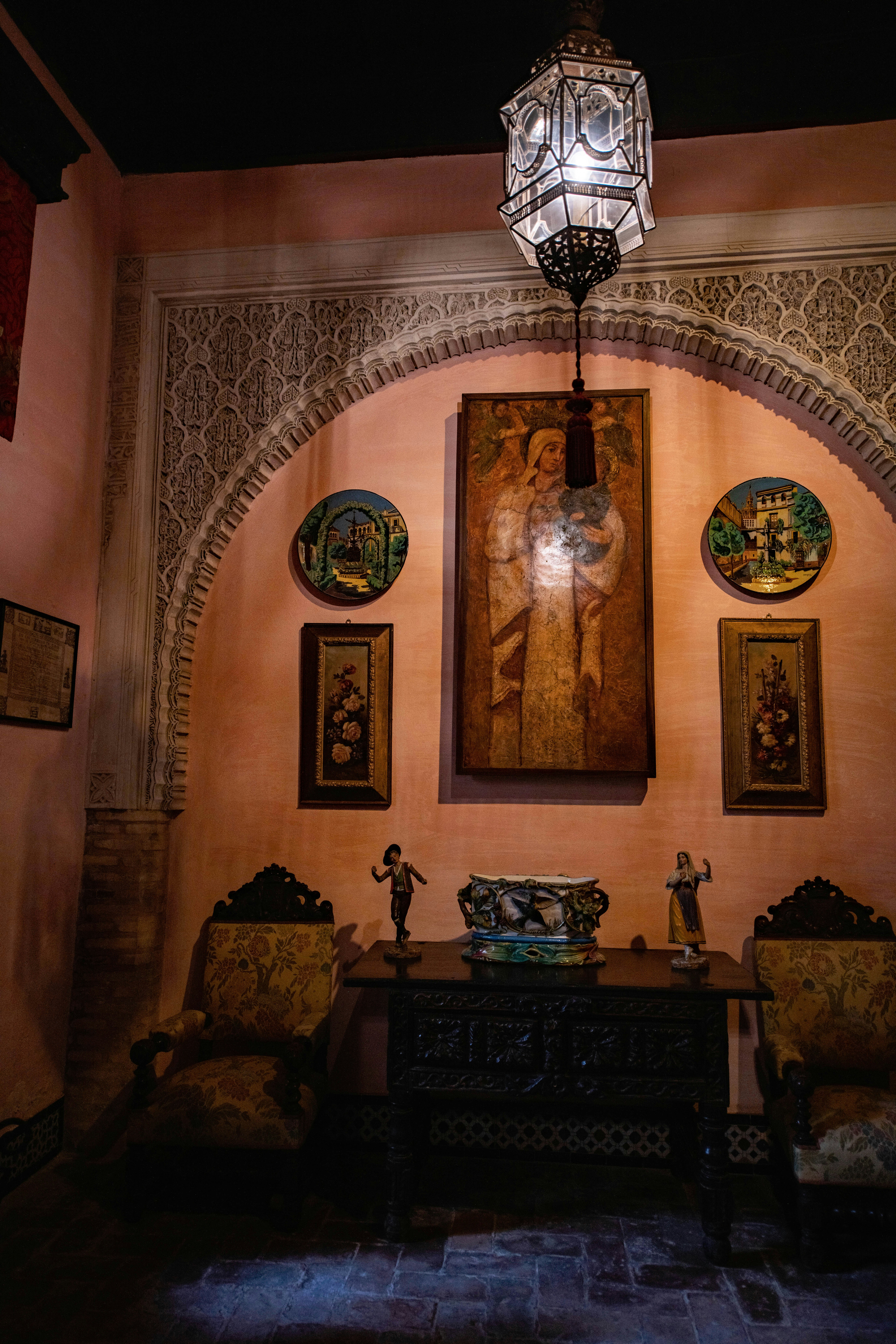 Lantern-Centered Moorish Parlor: A Tall Portrait Anchored by Circular Panels