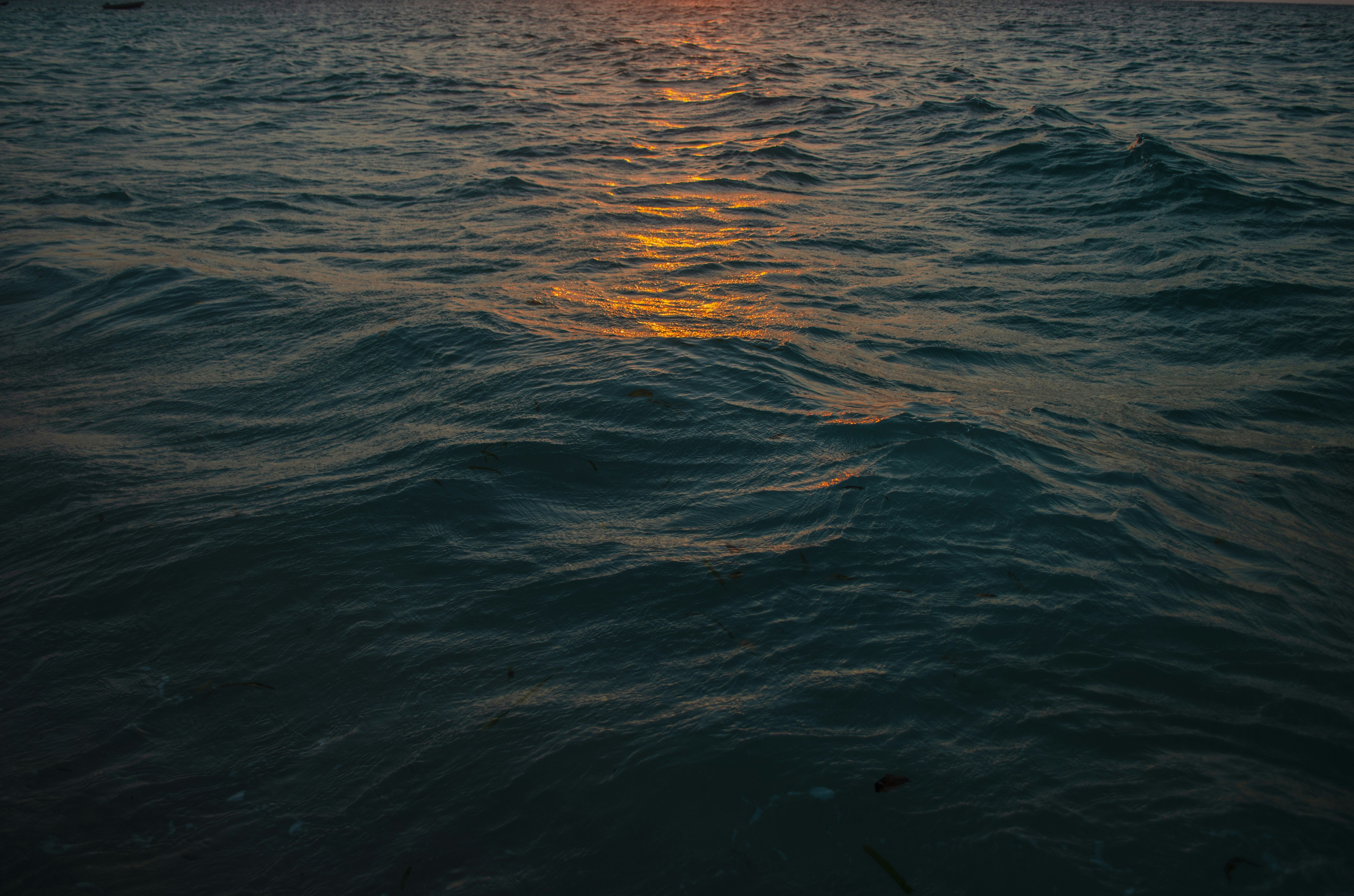 Gentle ocean waves reflecting warm hues of a setting sun.