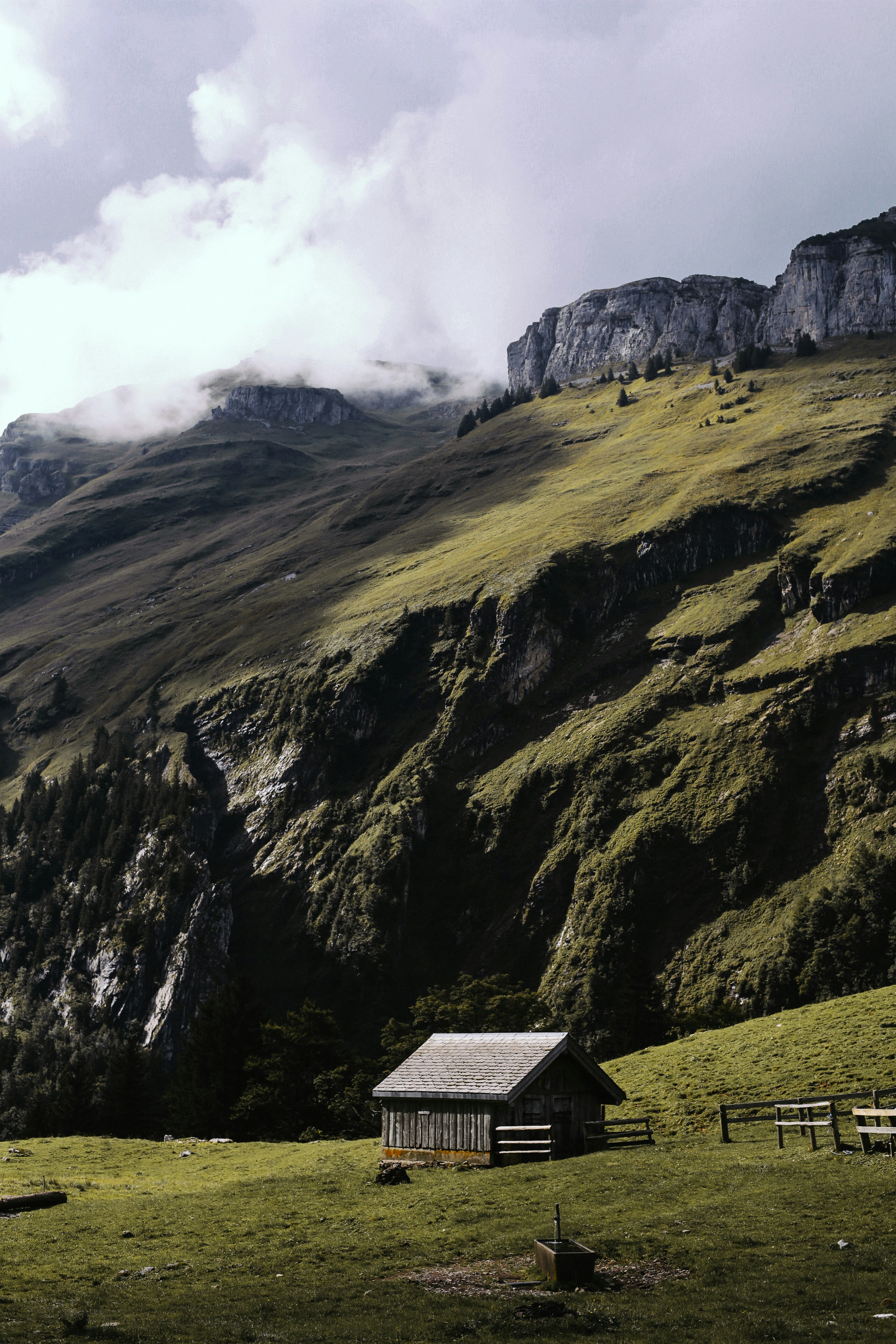 Rustic wooden cabin nestled in a verdant alpine landscape, surrounded by dramatic cliffs and clouds. A serene escape into nature's embrace.