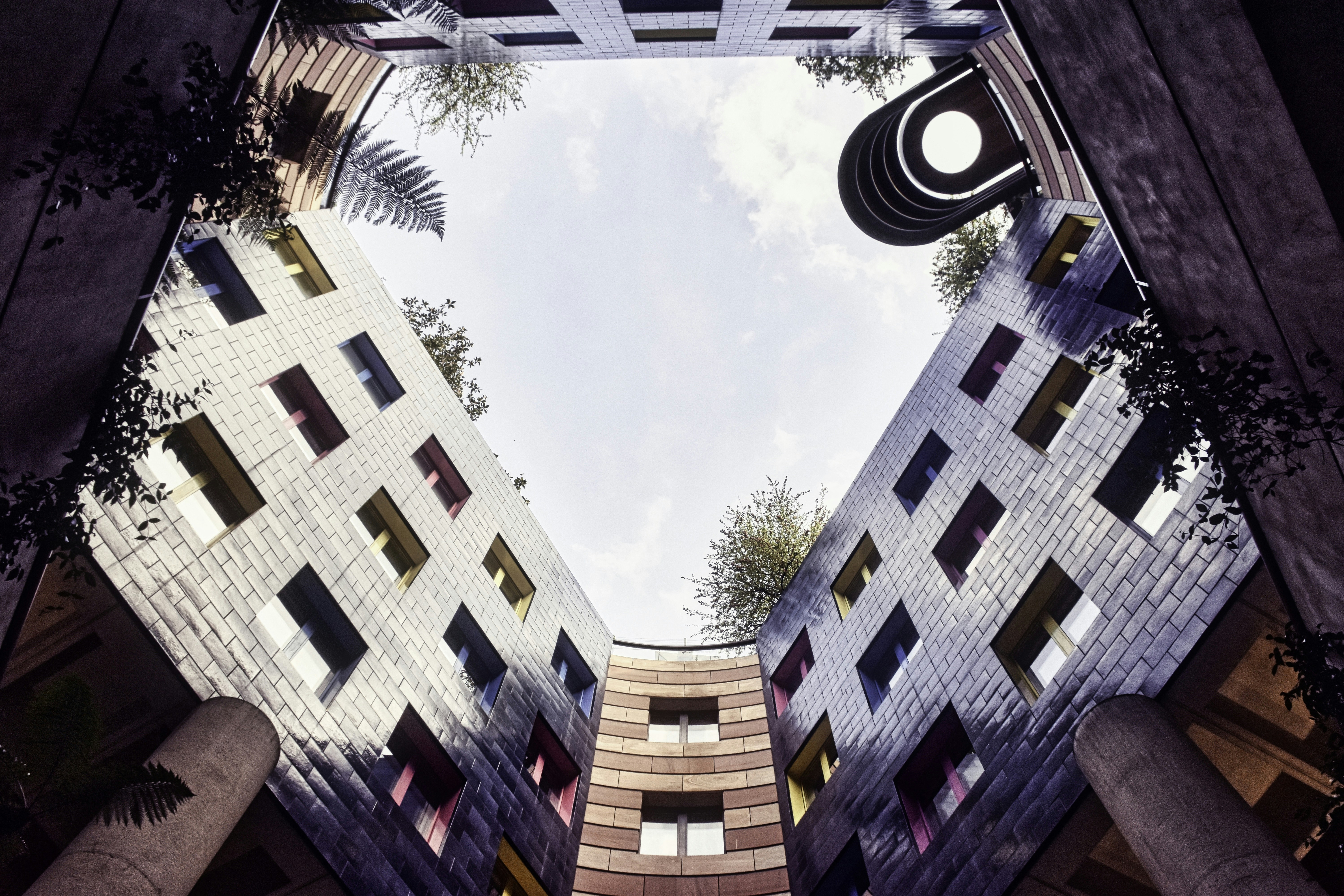 Skyward Circle: Atrium Framed by Prism-Window Facades