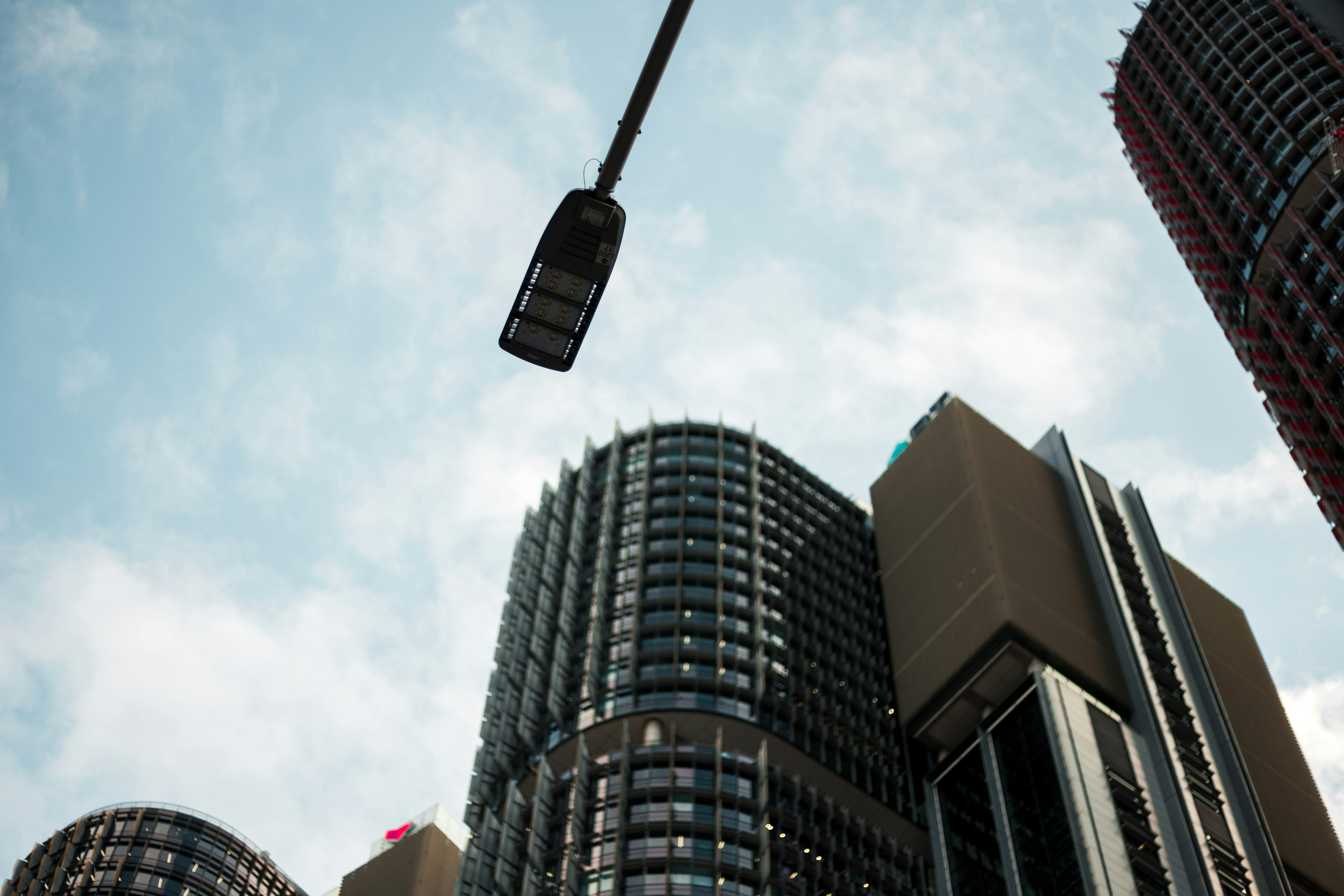 Between Steel and Sky: Streetlight Framing a Towering Cityscape