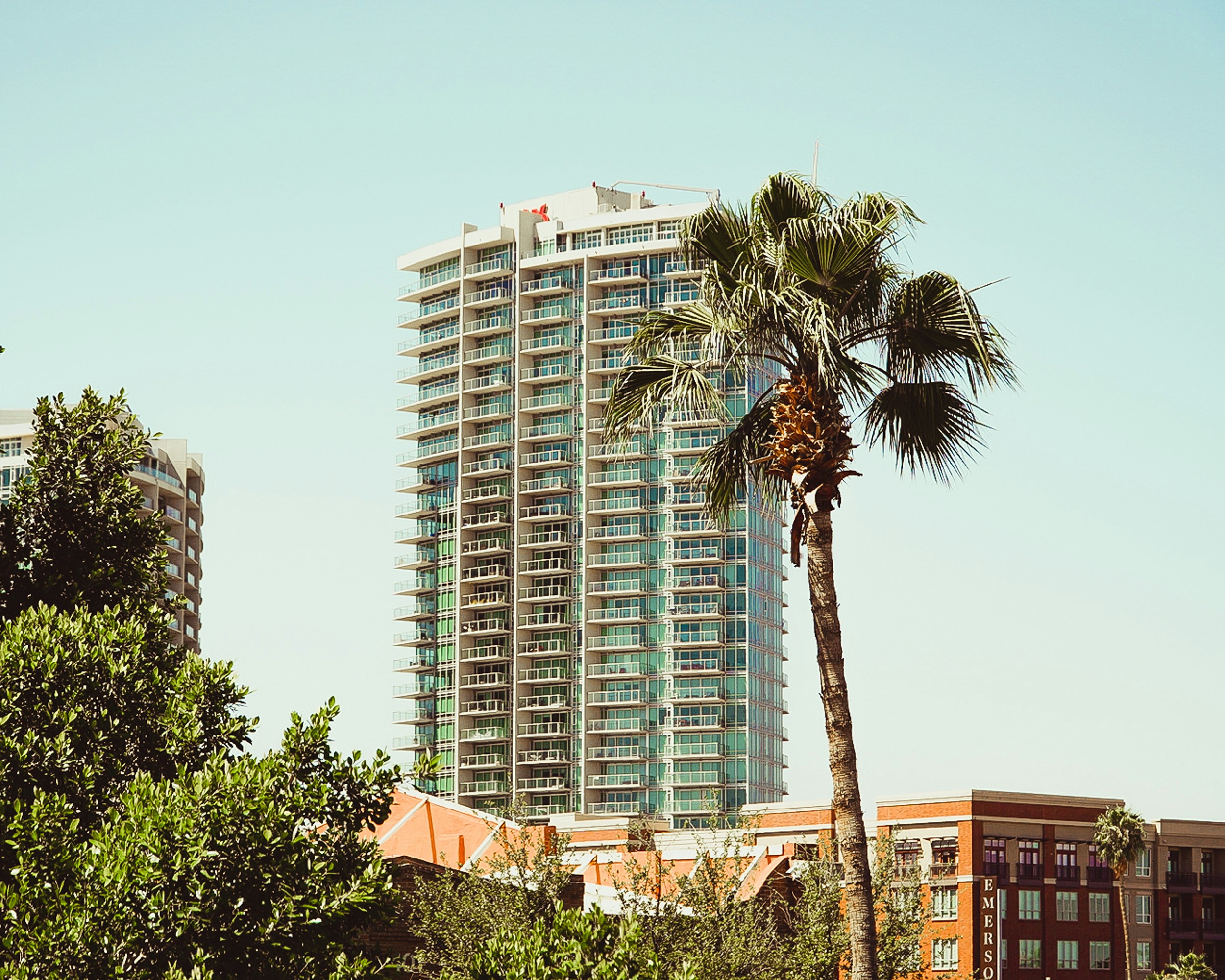 White and green high-rise building near tall trees under blue skies ...