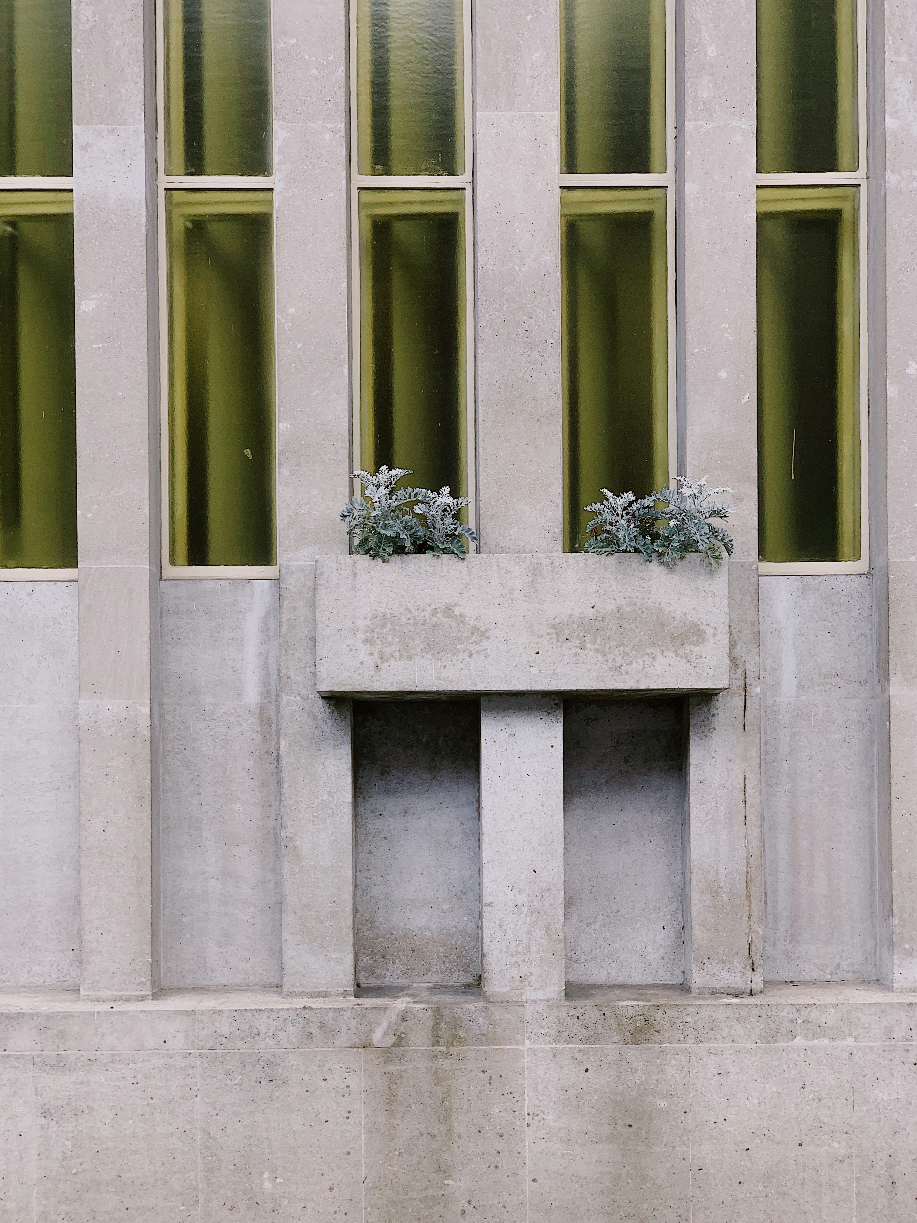 Concrete balcony silhouettes: a row of planters above a doorway