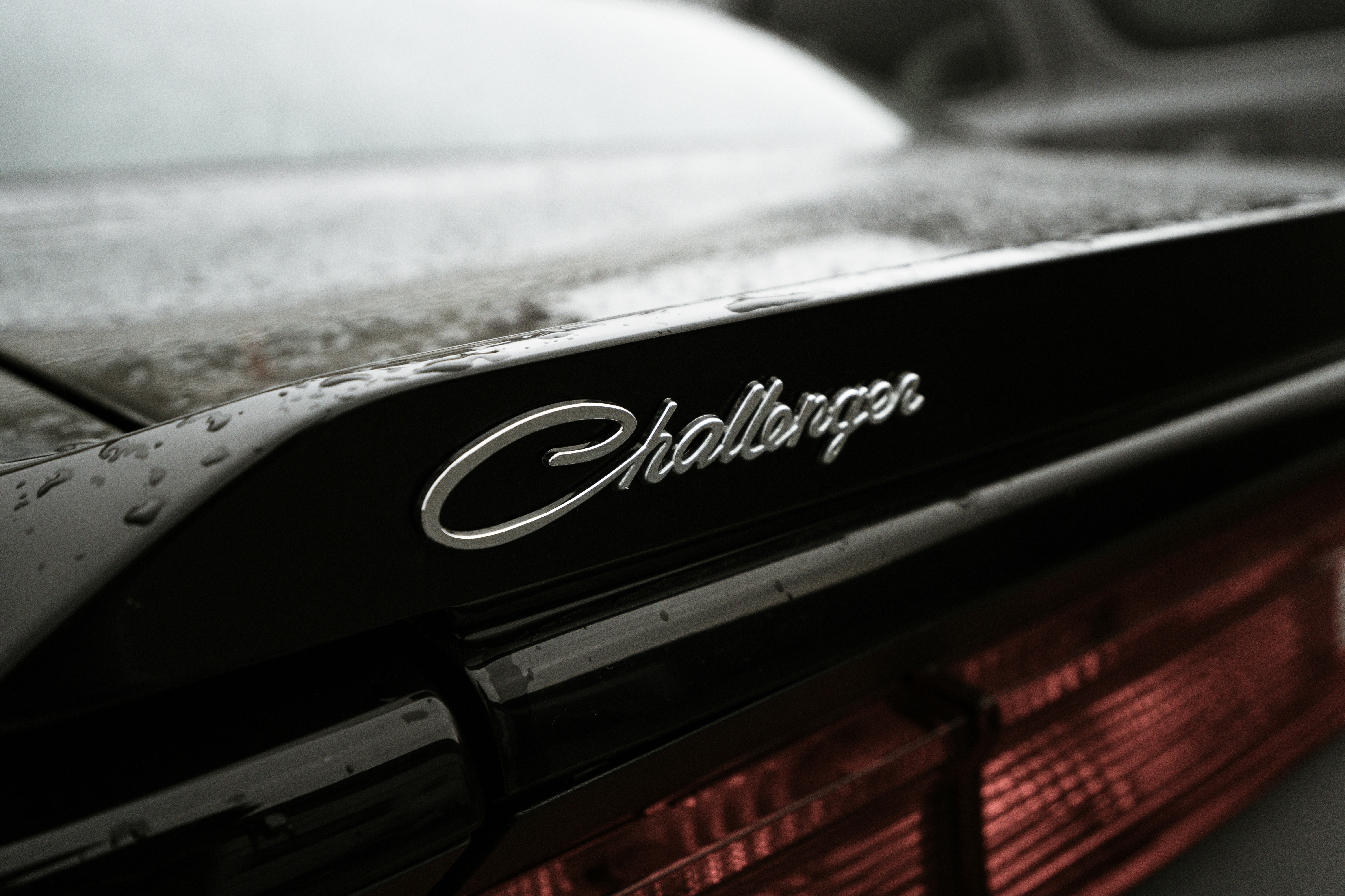 Rain-kissed Chrome: The Challenger Emblem on a Dark Trunk