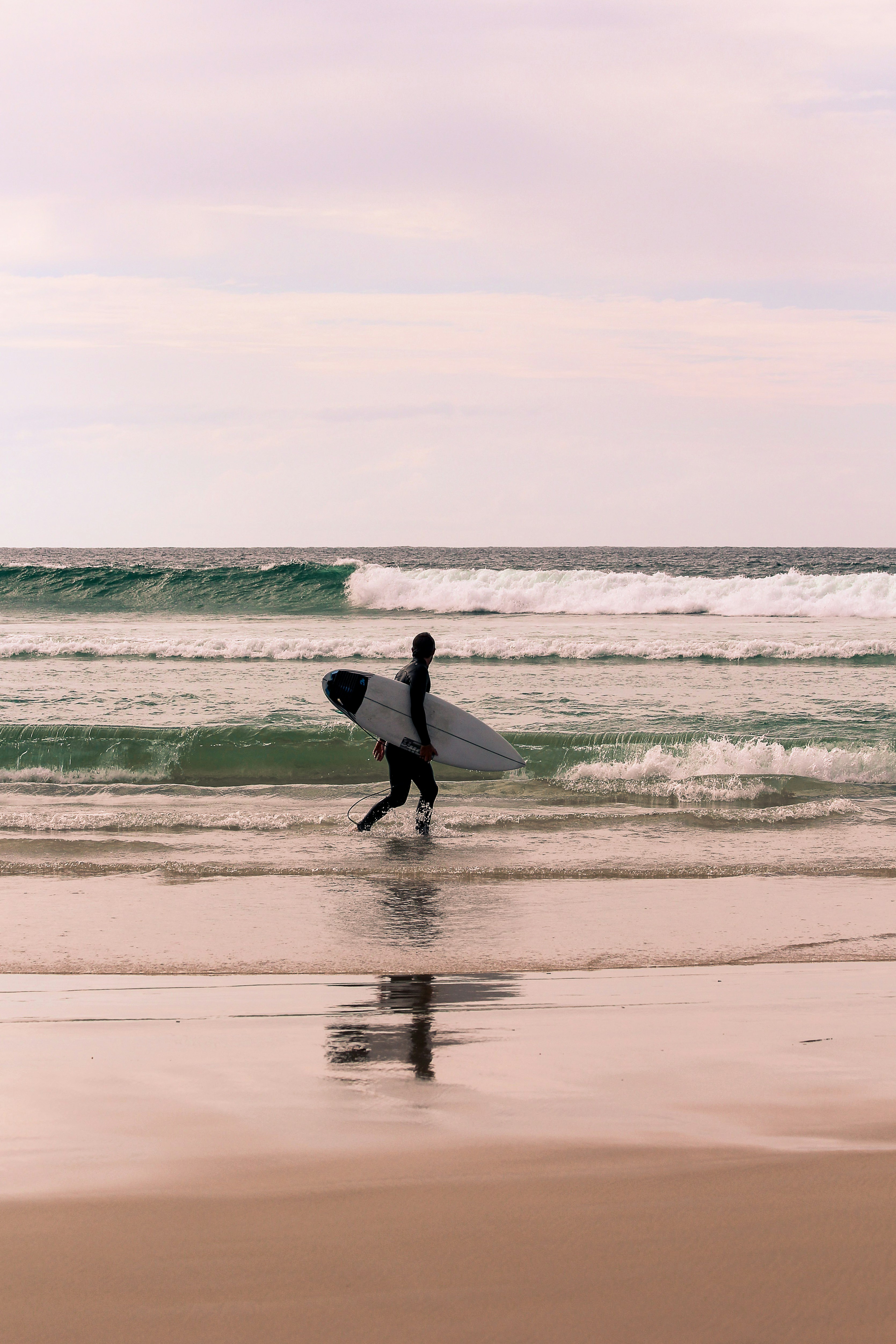 Dusk Crossing: A Surfer Advances Into the Quiet Pink Sea