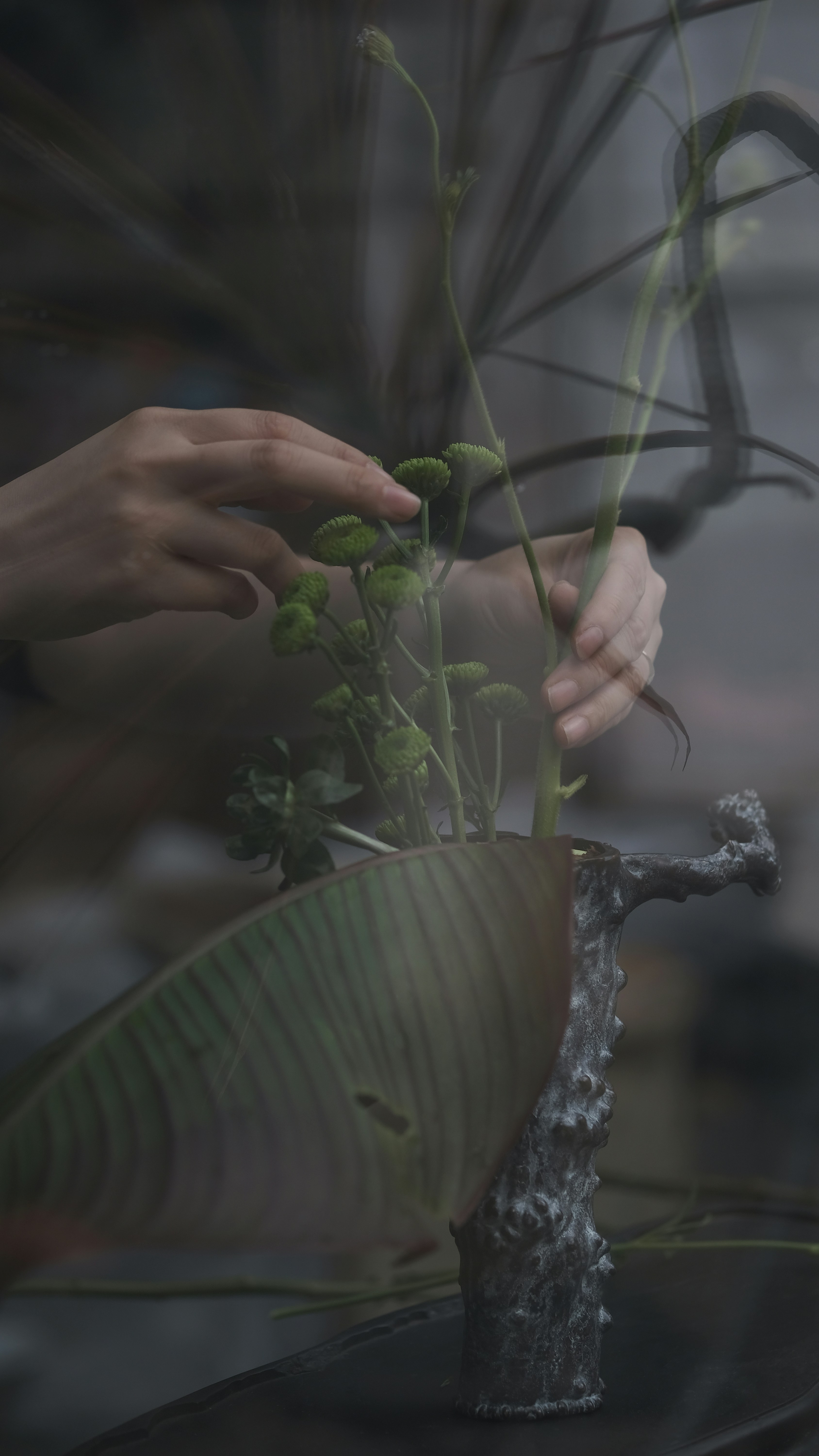 Hands Weaving Green Moments into a Porcelain Vase