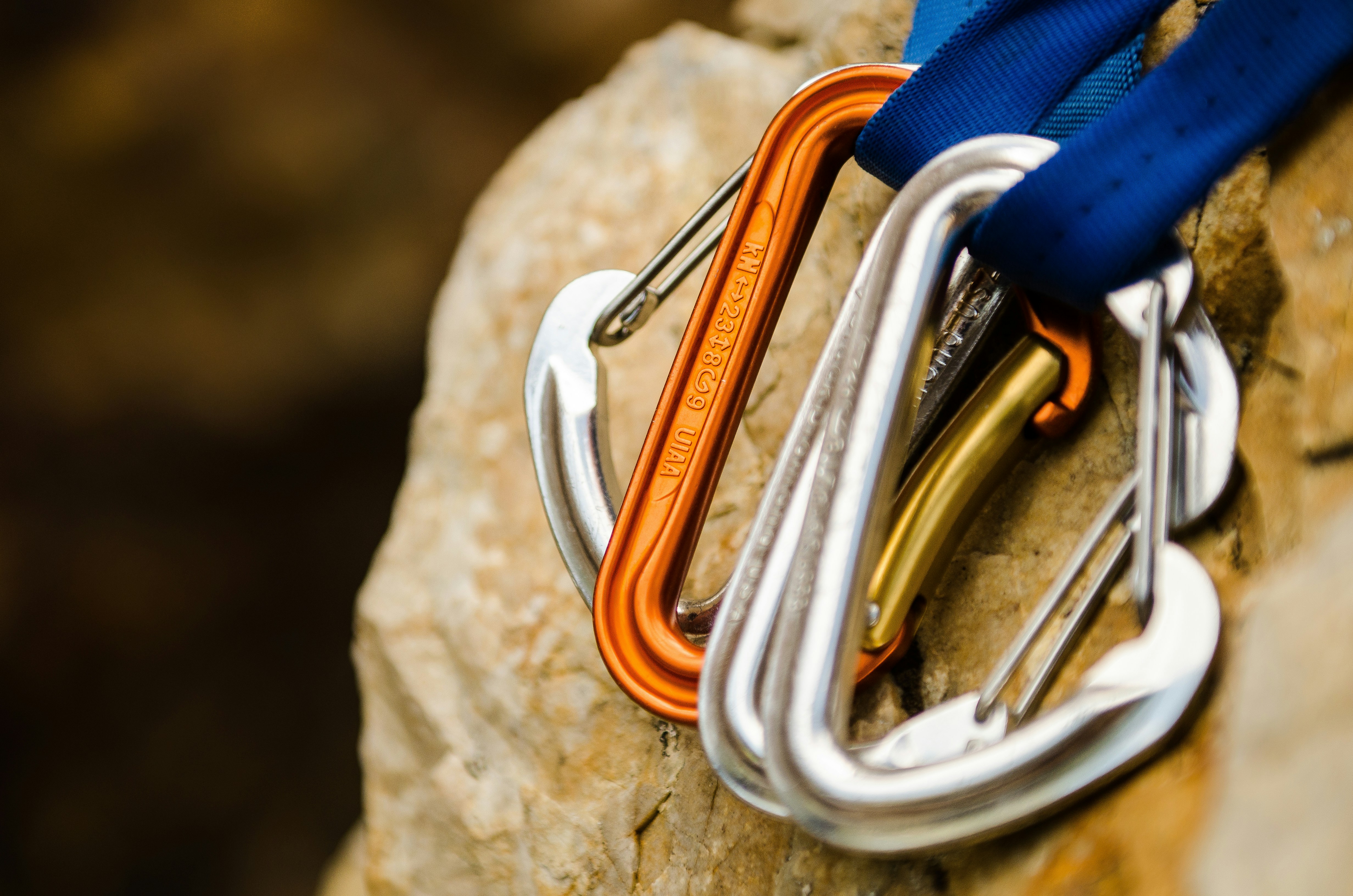 Clipped Anchor: A Cluster of Carabiners on Rough Stone