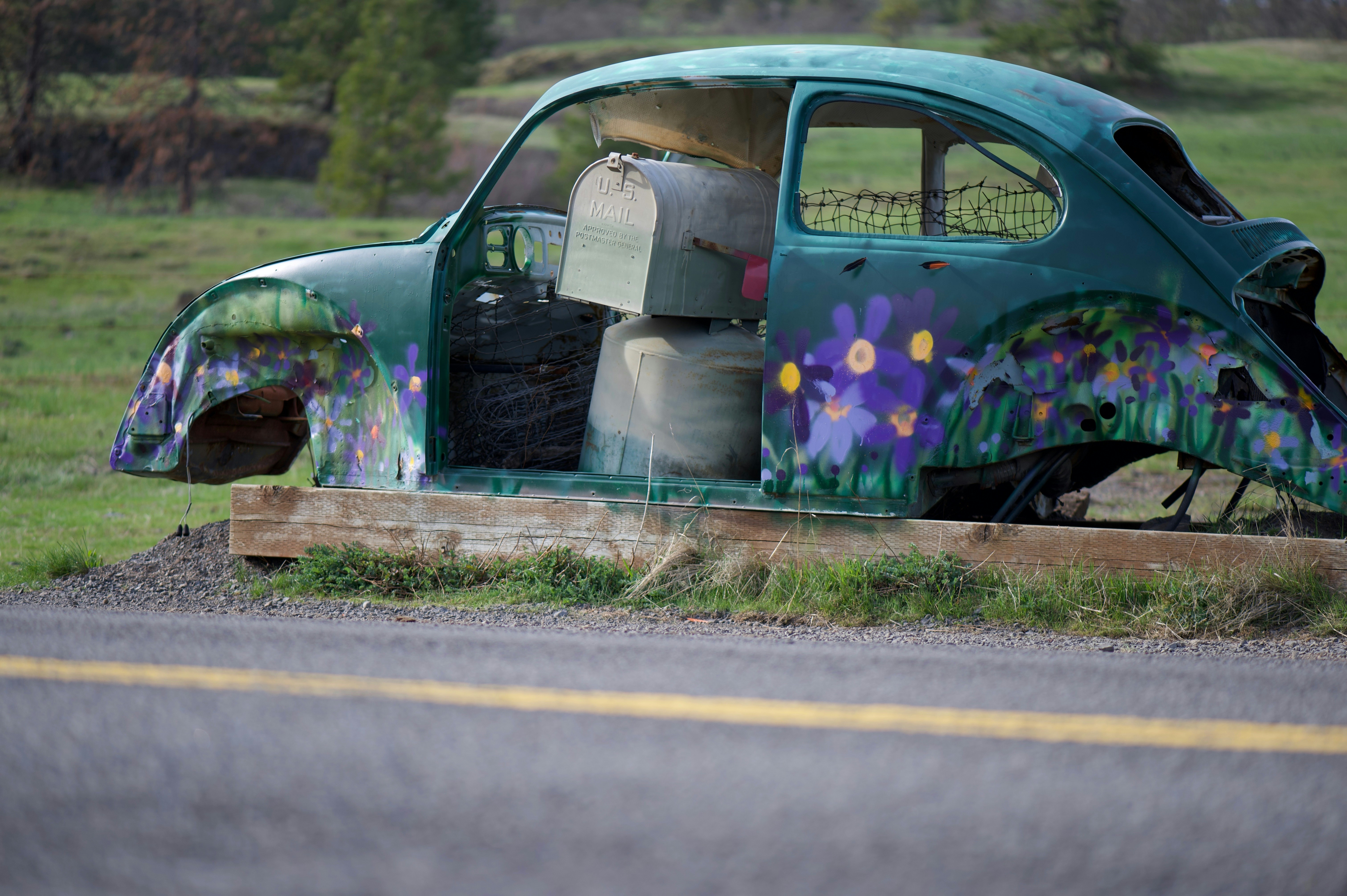 VW mailbox at Catherine Creek trailhead in Washington.  I understand, why use a post for your mailbox when you have an extra VW Bug sitting around.