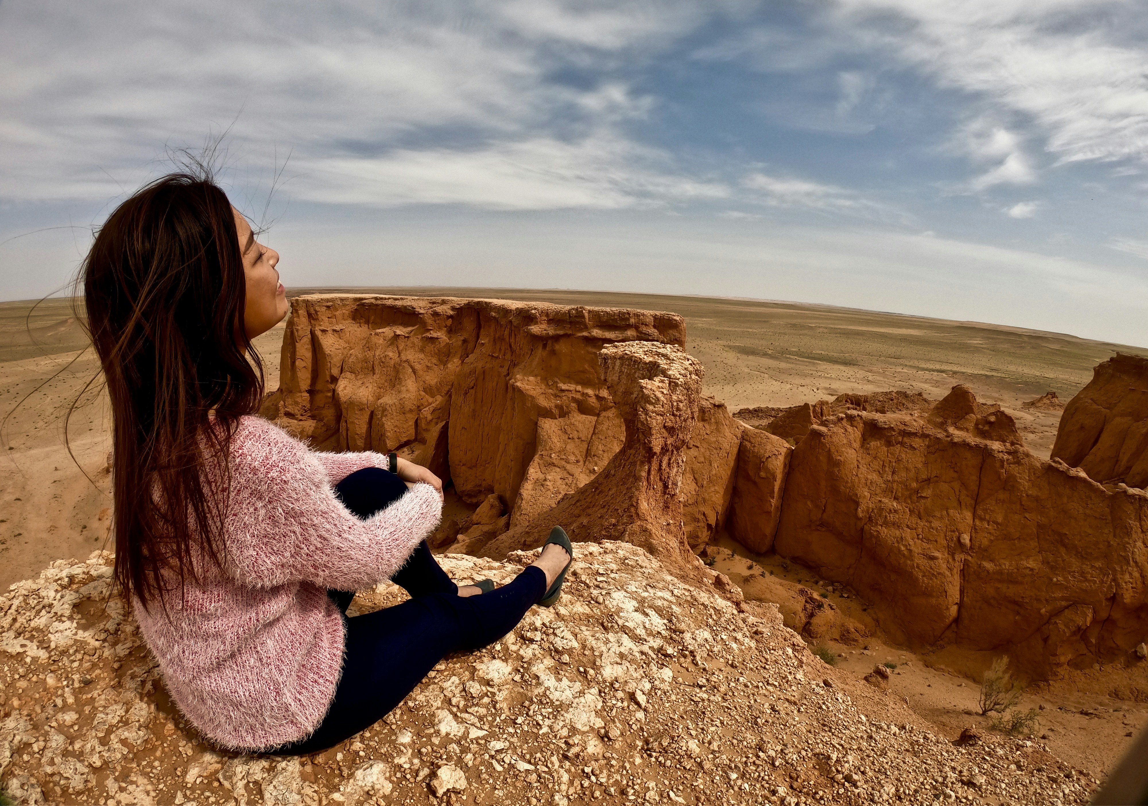 Ridgetop Quiet: a girl in pink on the edge of a desert cliff