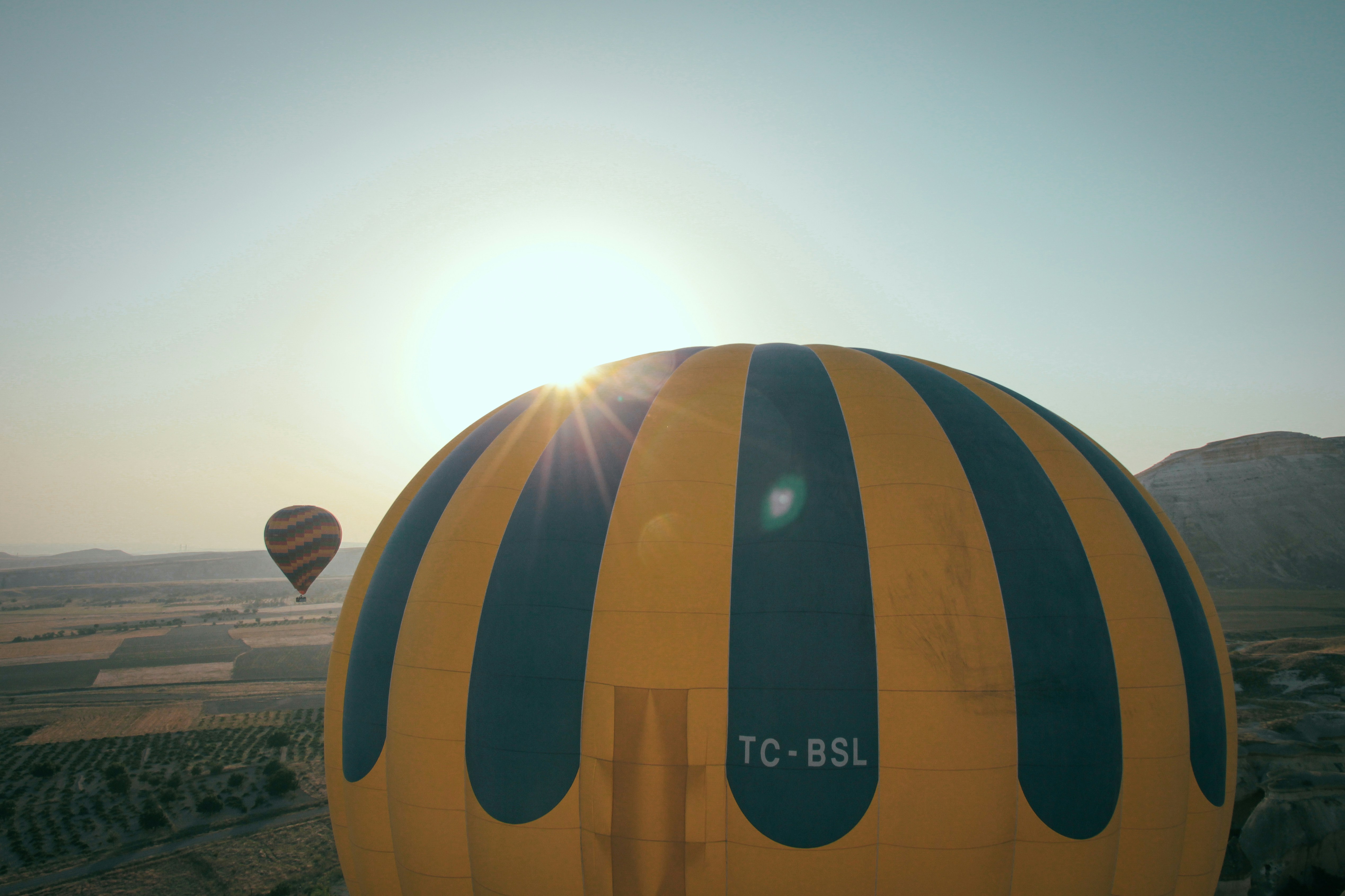 Dawn Lift: The Yellow-Blue Balloon Leads a Quiet Desert Flight