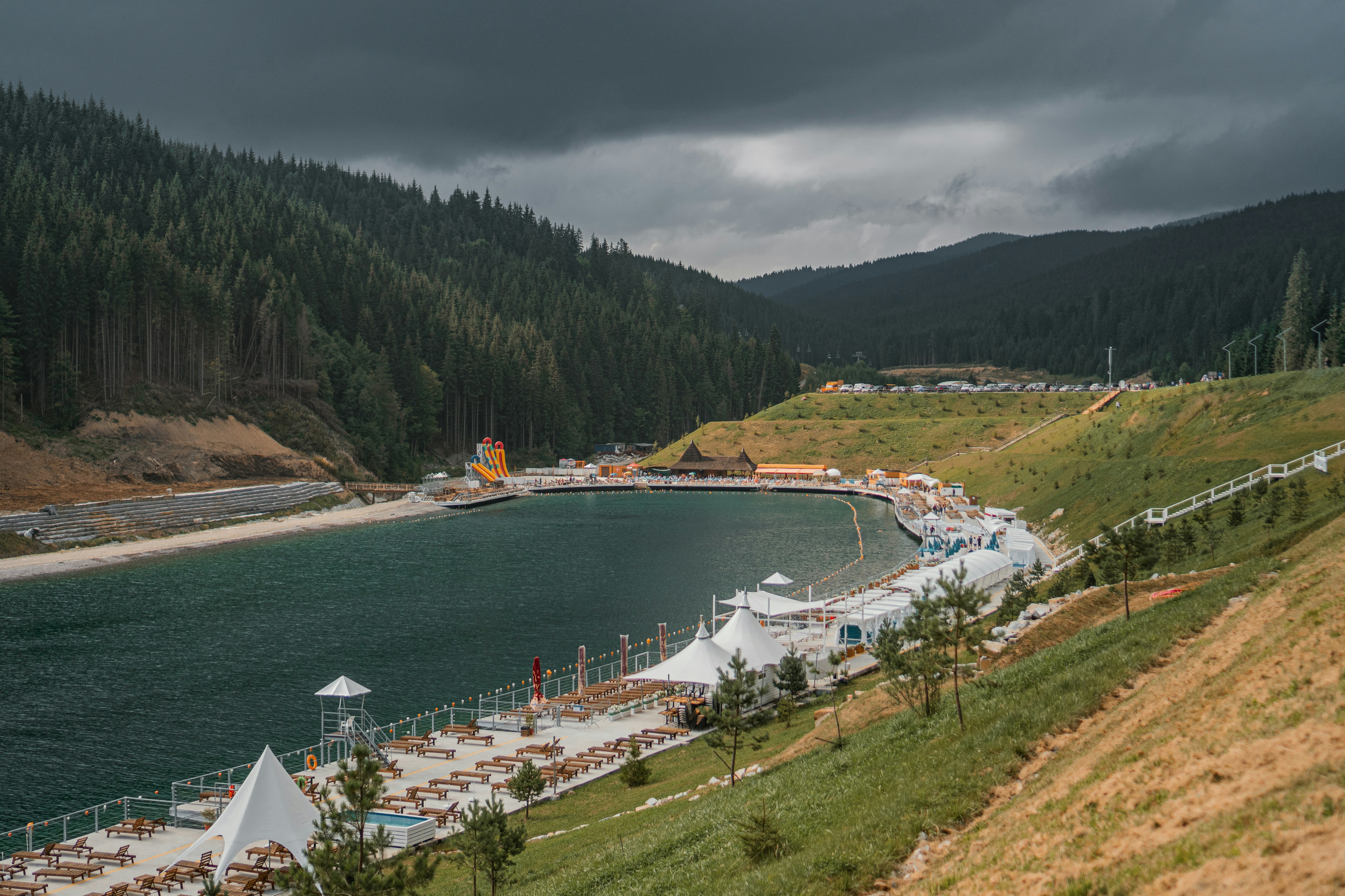 Tented Waterfront Along a Curved Lakeshore