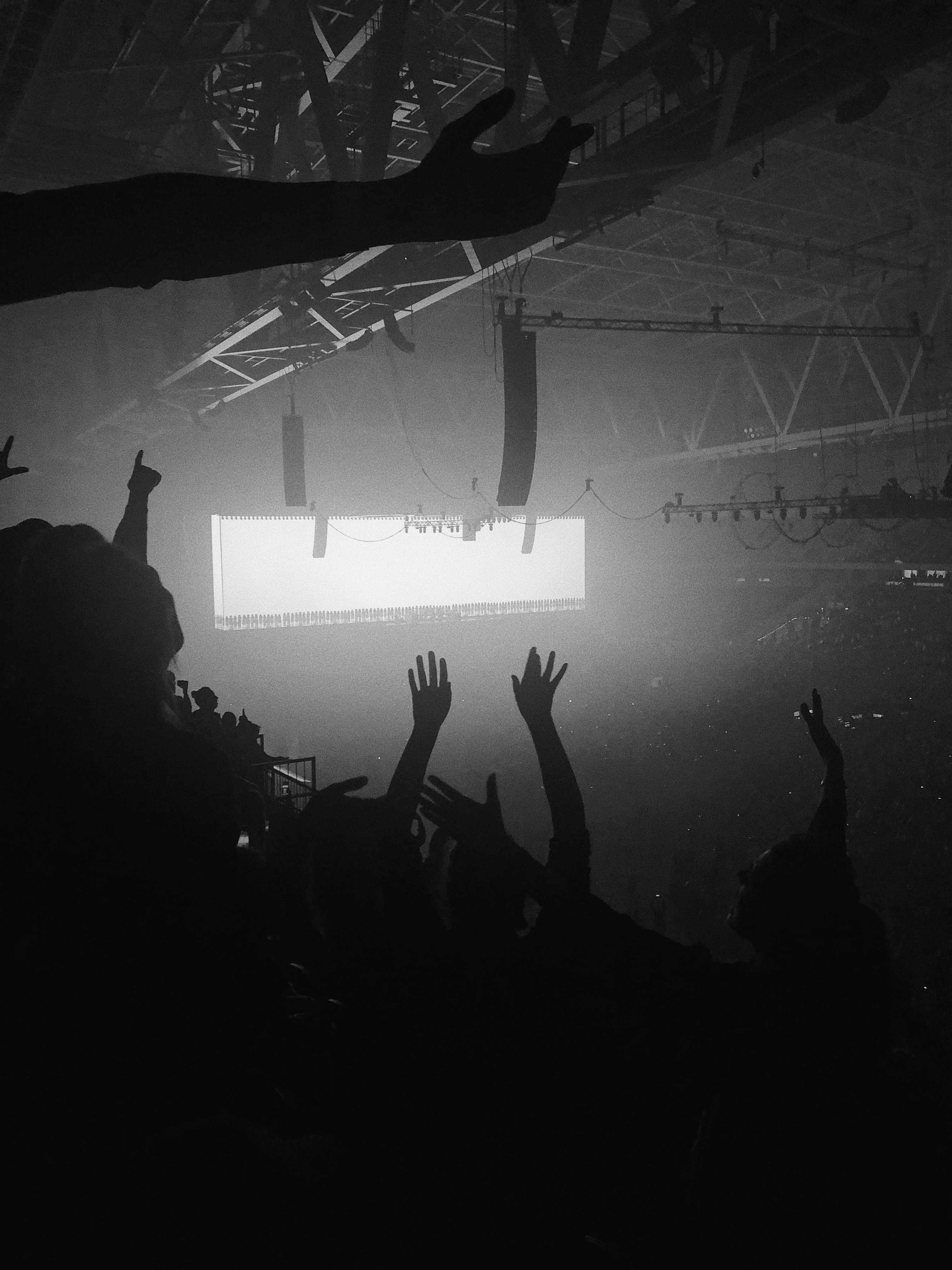 Hands Rise Toward the Stage: A Immersive Black-and-White Concert Moment