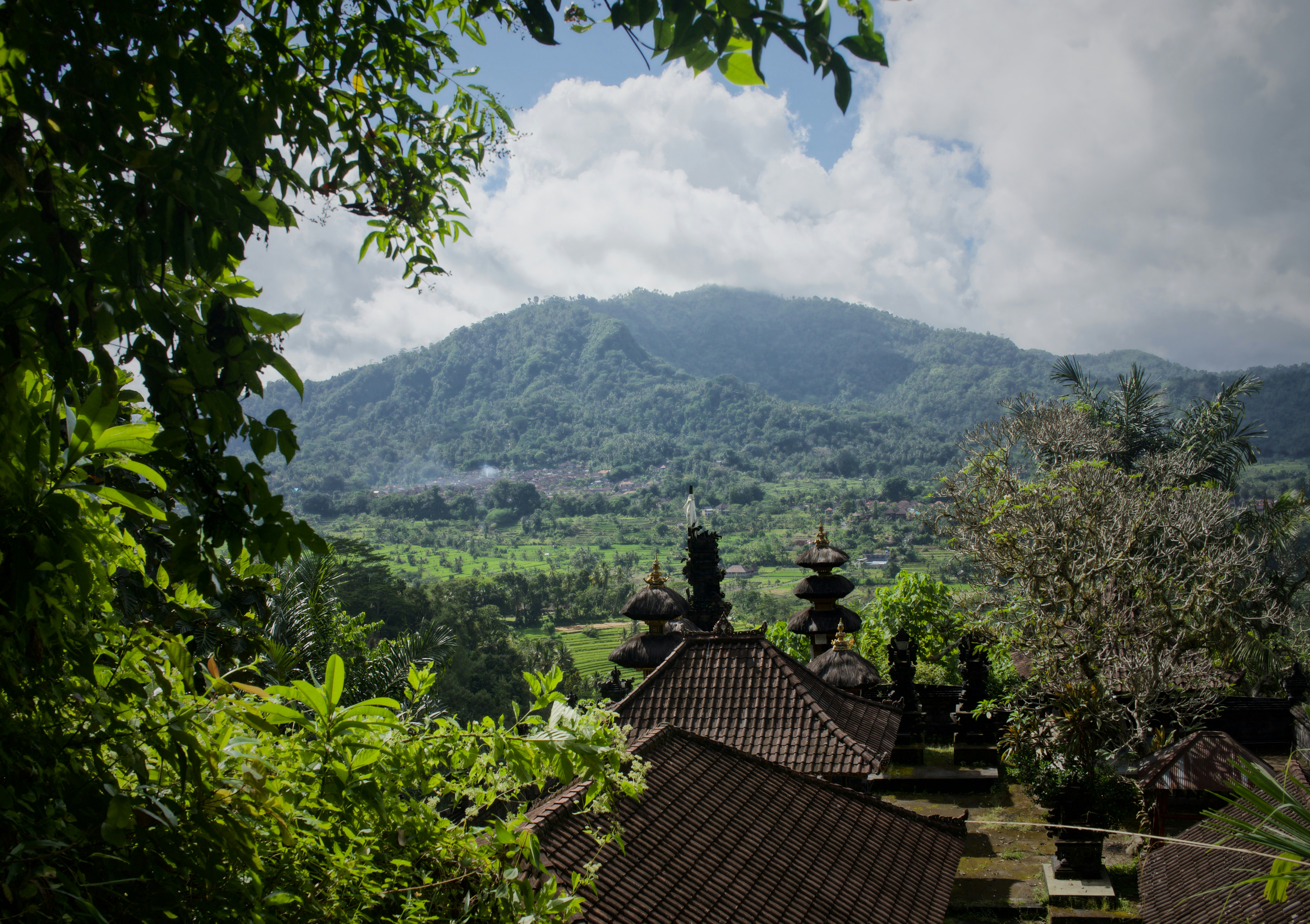 Terracotta rooftops peek through lush greenery with a valley and cloud-draped mountains beyond.