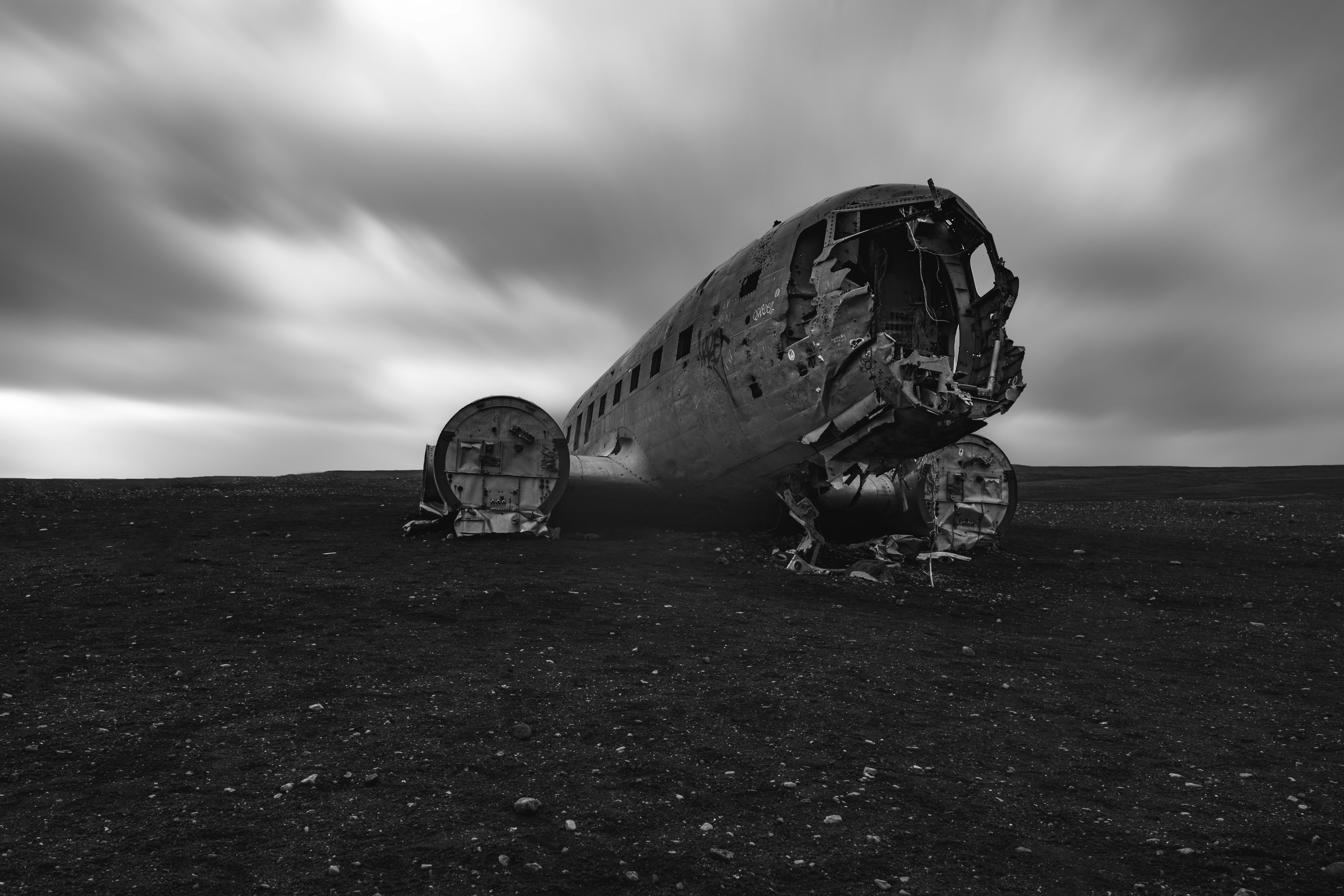 Nose of a Weathered Airliner on Iceland's Volcanic Black Sand