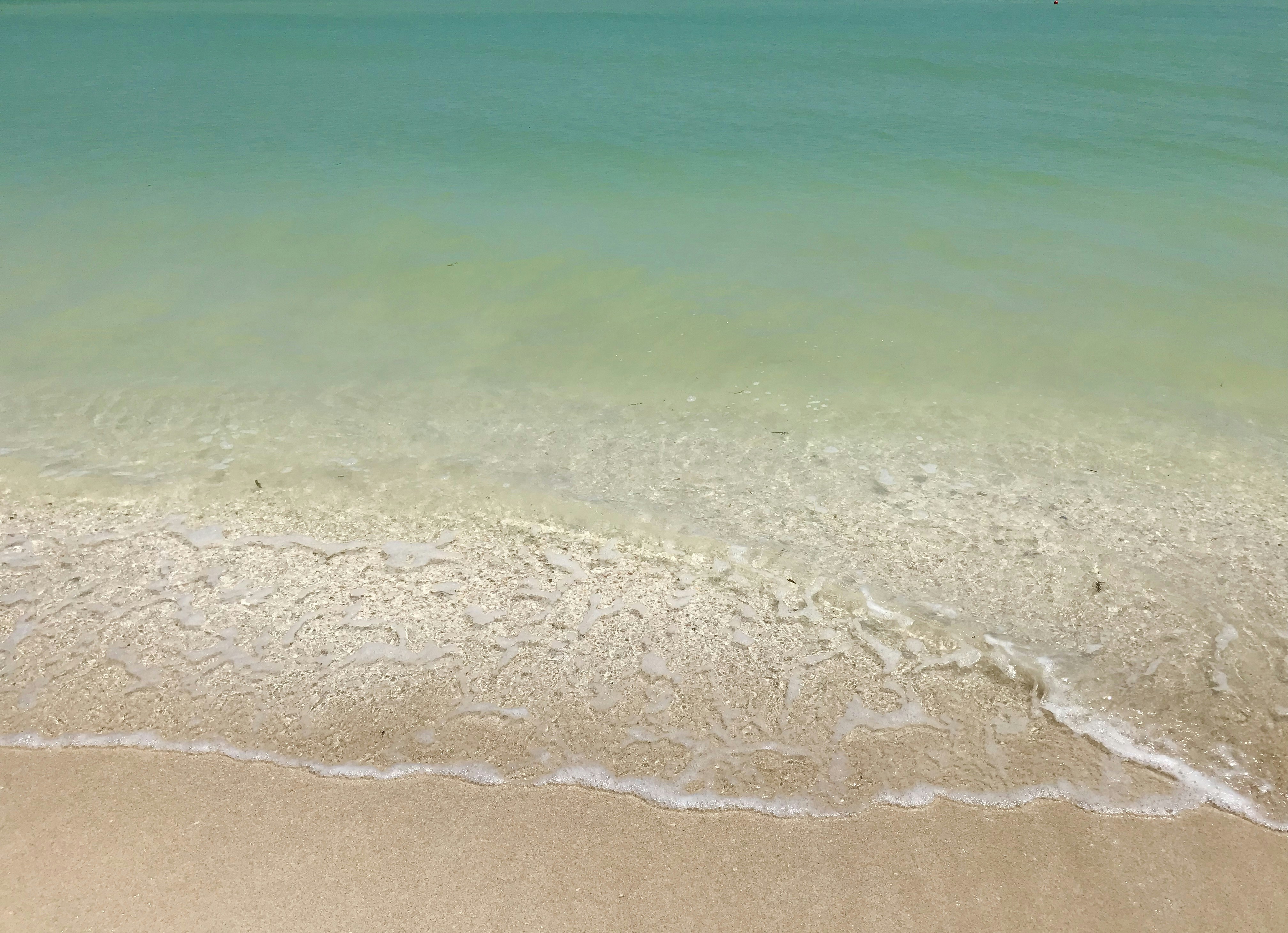 Gentle waves lapping against a sandy beach, showcasing the serene transition of water and land. The clear turquoise water reflects the calmness of the day.