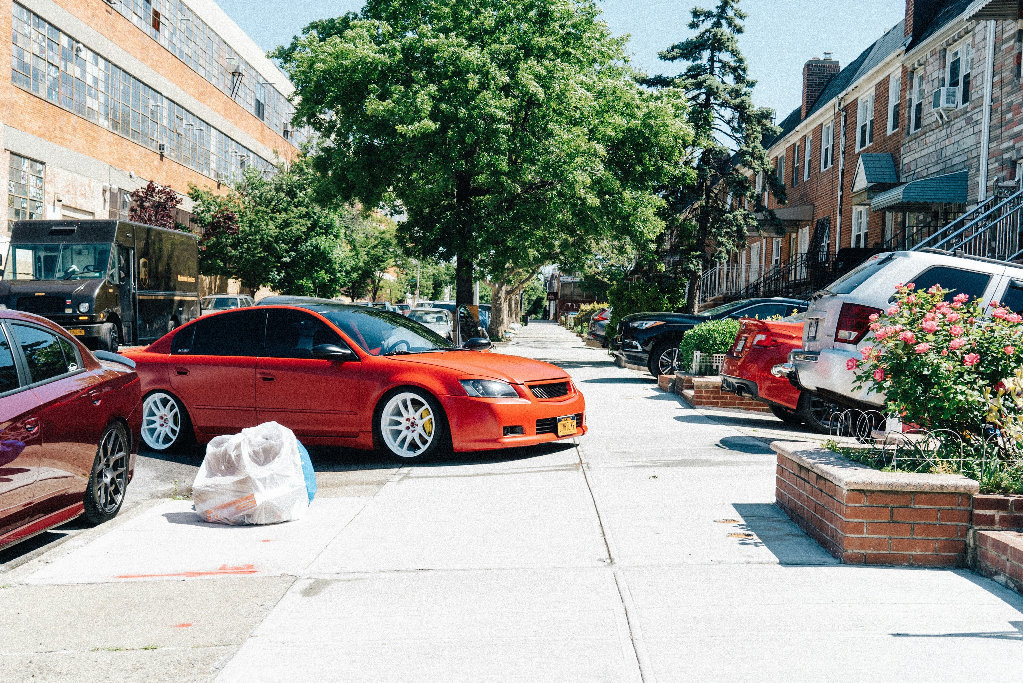 parked red sedan beside tree during daytime