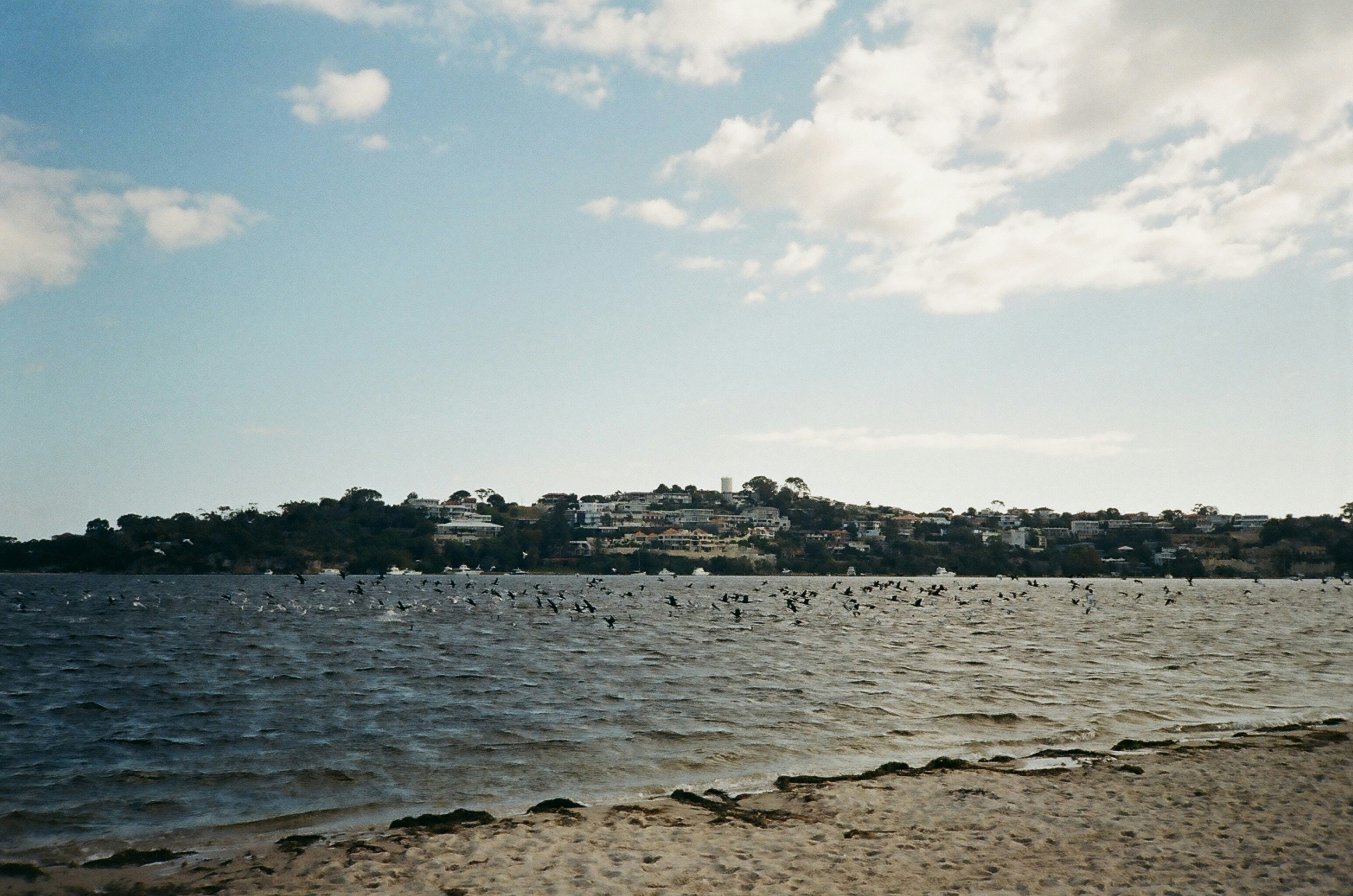 Photograph of a tranquil coastal scene with a sandy foreground, gentle waves, and a distant cluster of houses along the horizon under a bright, partly cloudy sky.